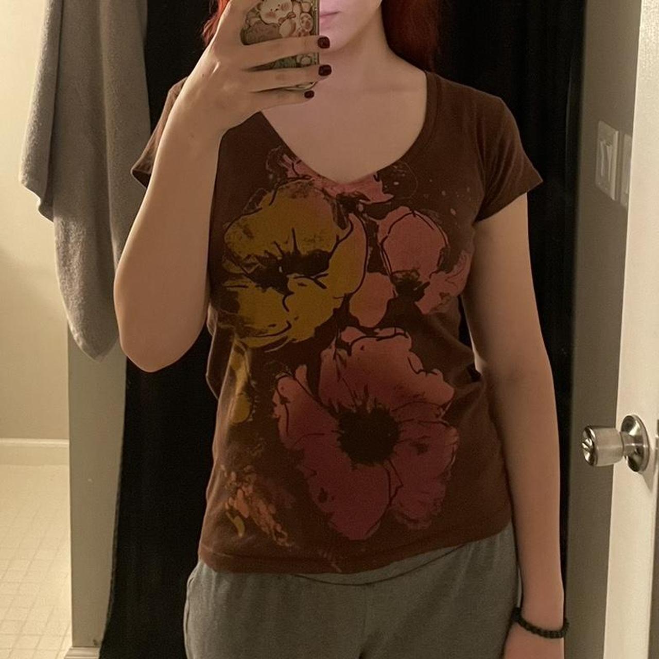 Brown v-neck t-shirt with vintage floral... | Depop