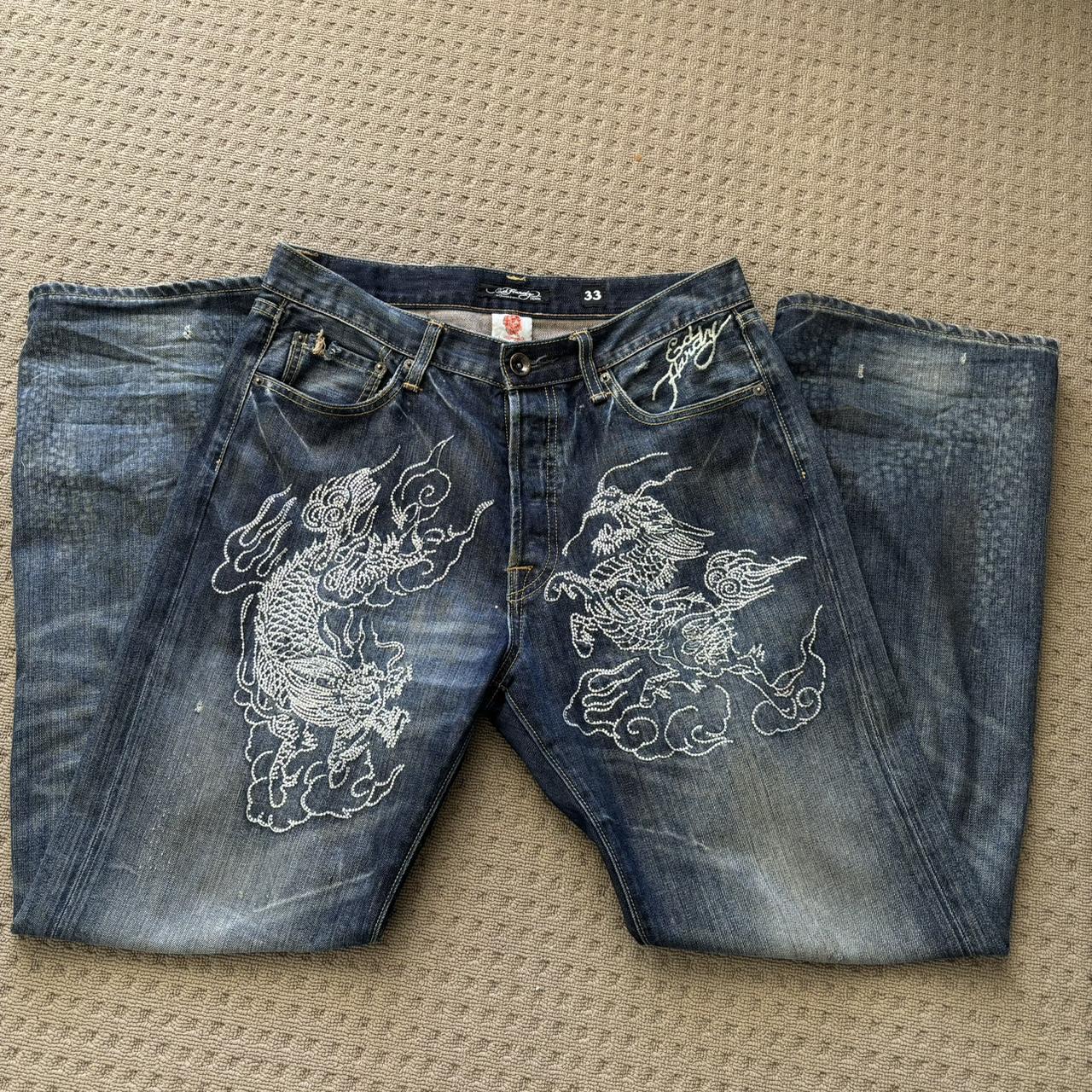 Authentic Ed Hardy Denim Jeans Rhinestone Dragon... - Depop