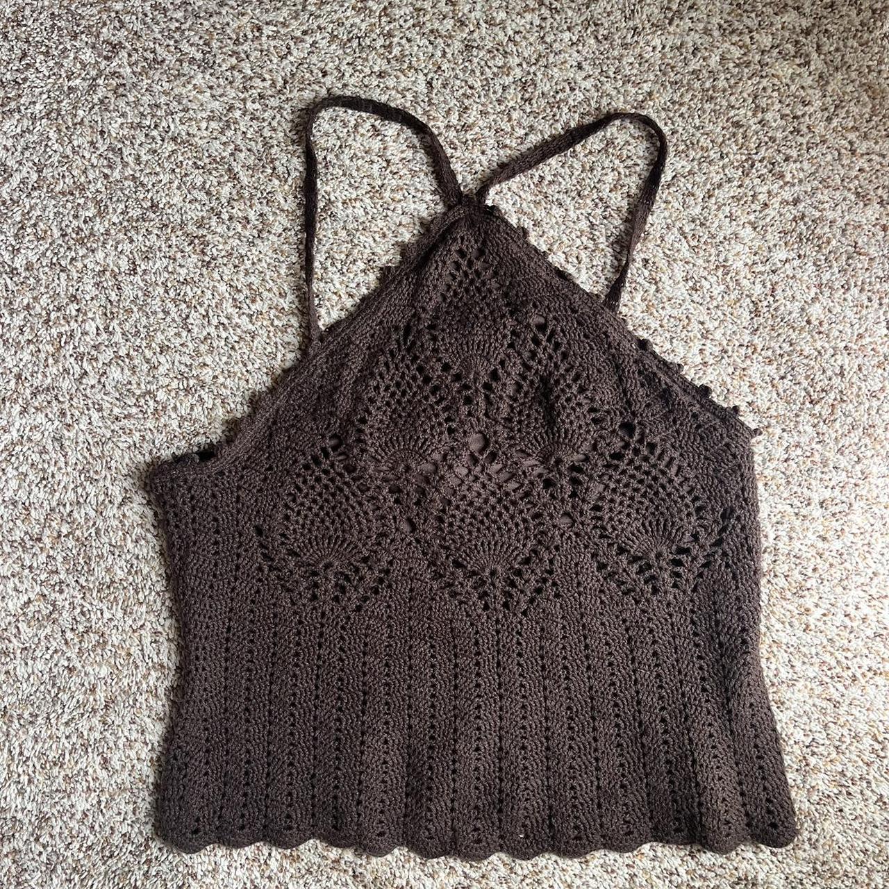 Vintage Moda International brown crocheted top... - Depop
