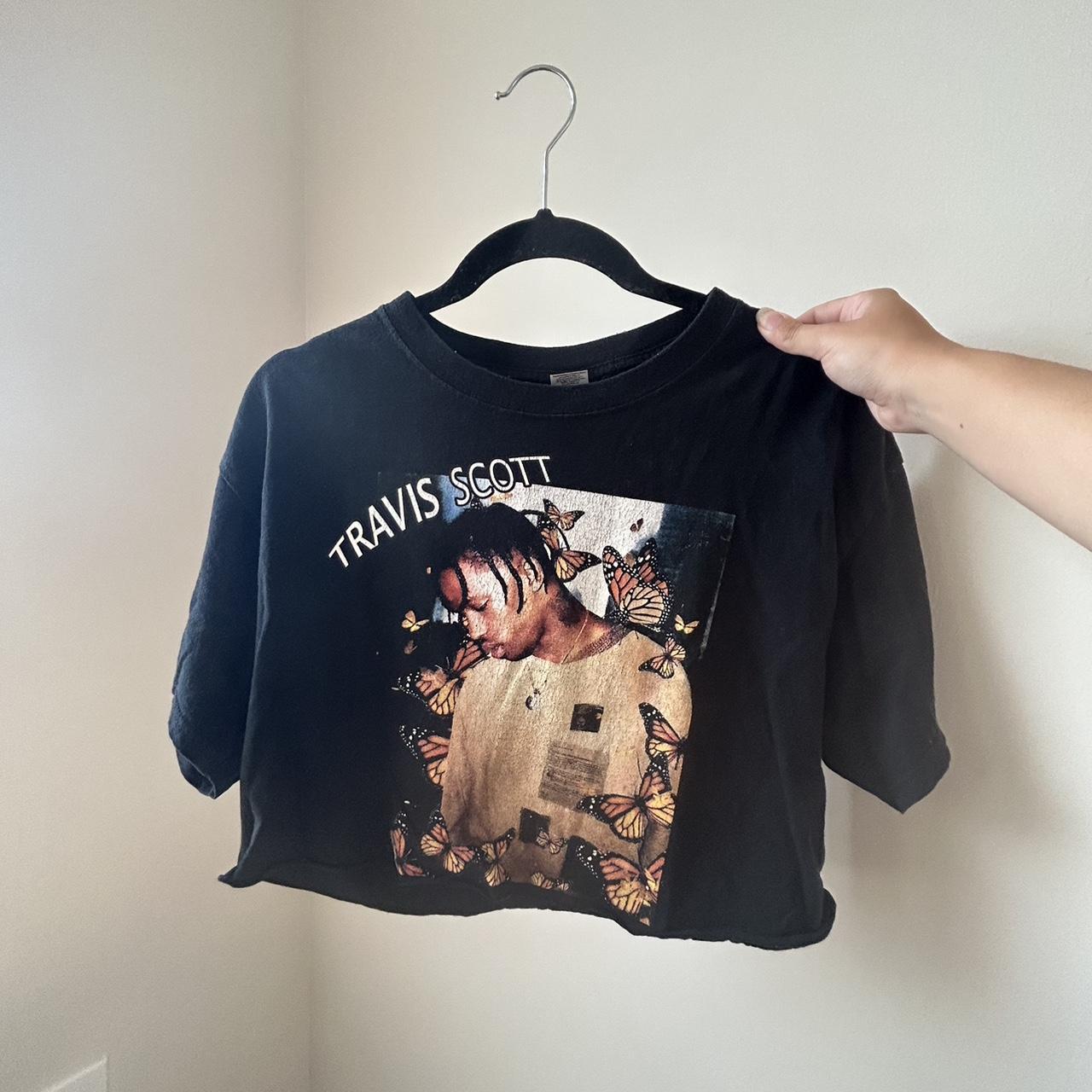 Travis Scott Cropped Graphic Tee Condition:... - Depop
