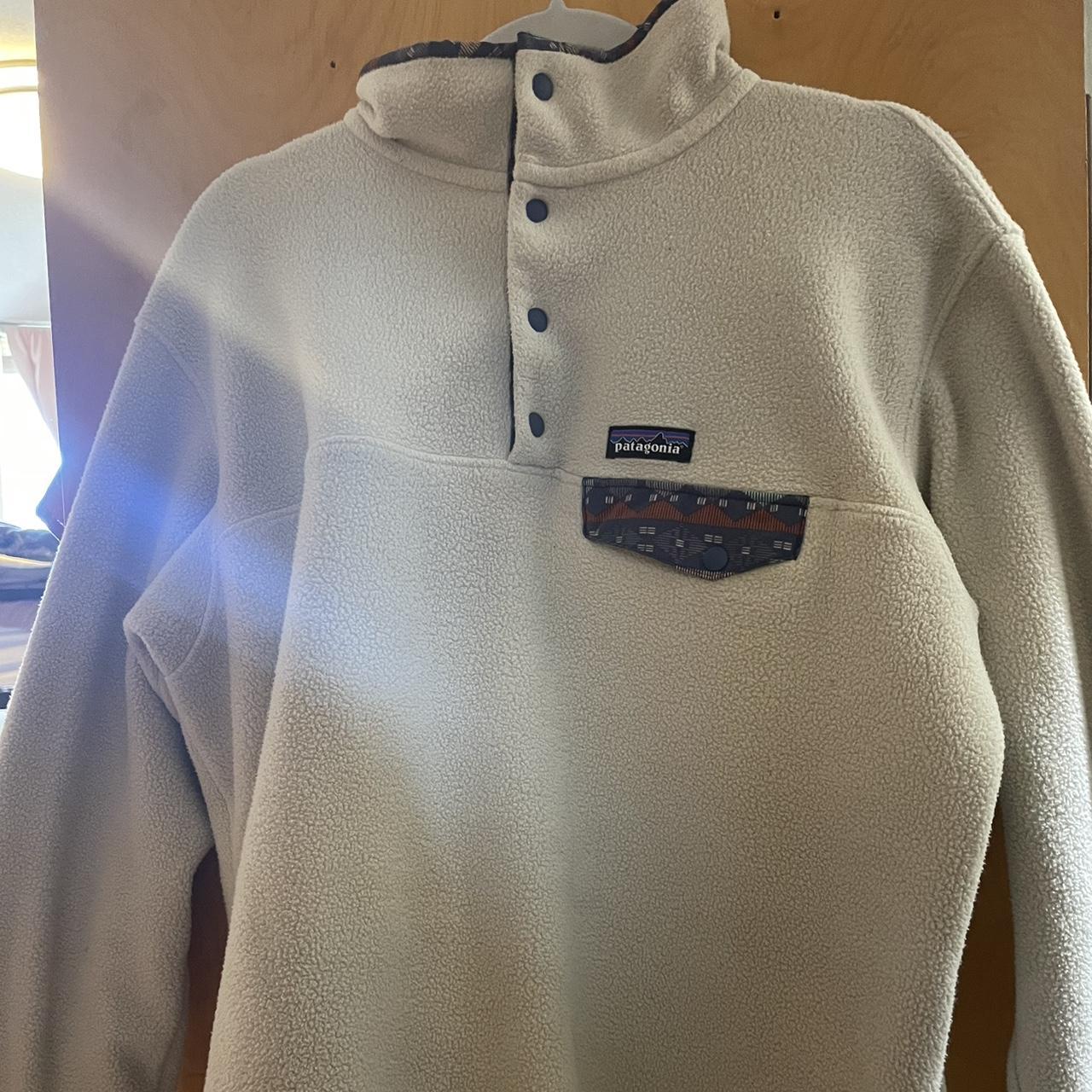 Patagonia Men's Cream and Blue Jacket | Depop