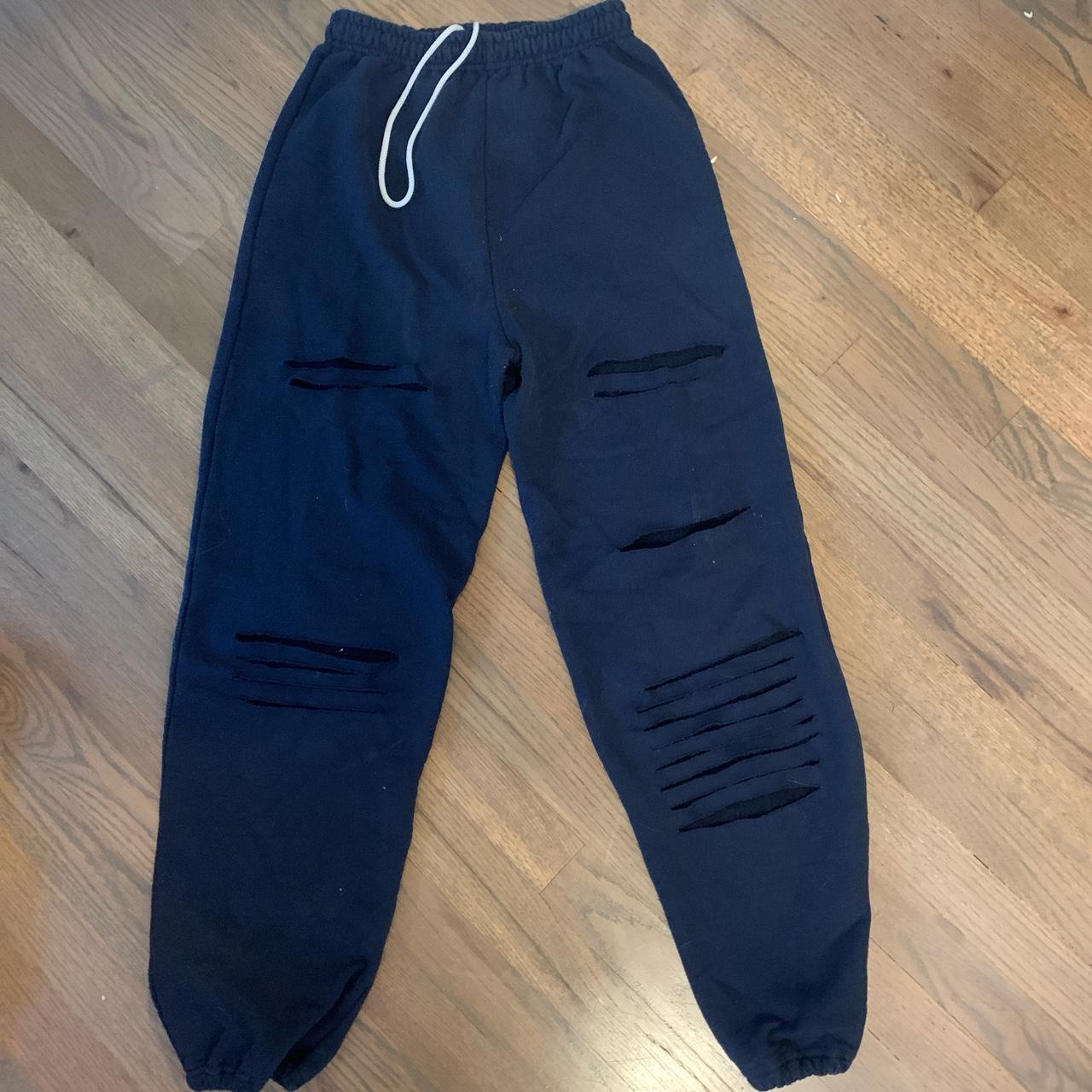 ripped sweatpants navy size medium bin 1 - Depop