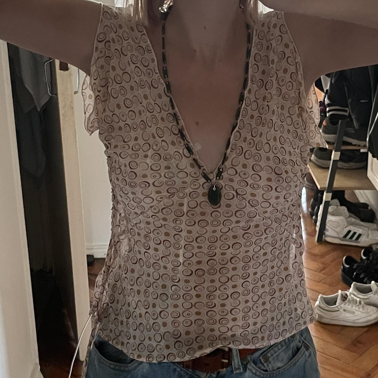 Vintage sheer pink patterned top with adjustable... - Depop