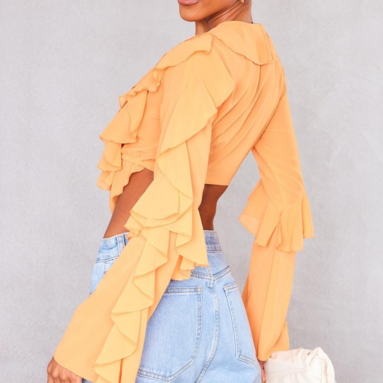 PLT orange extreme frill ruffle sheer blouse Never... - Depop