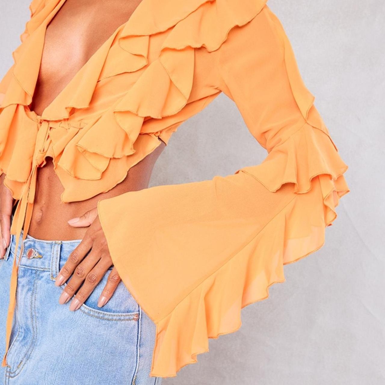 PLT orange extreme frill ruffle sheer blouse Never... - Depop