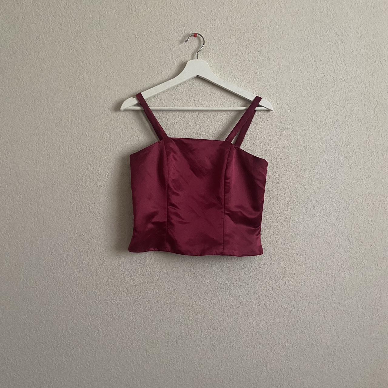 Maroon satin square neck corset with partial boning... - Depop