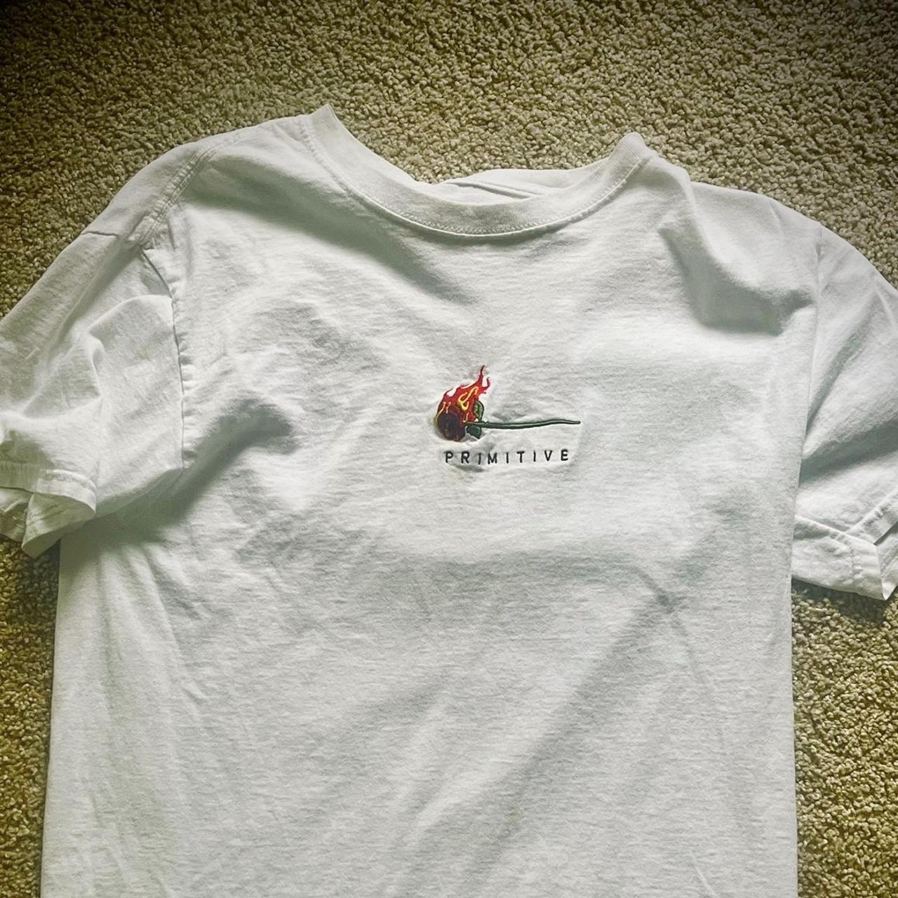 small white Primitive t-shirt with burning rose... - Depop