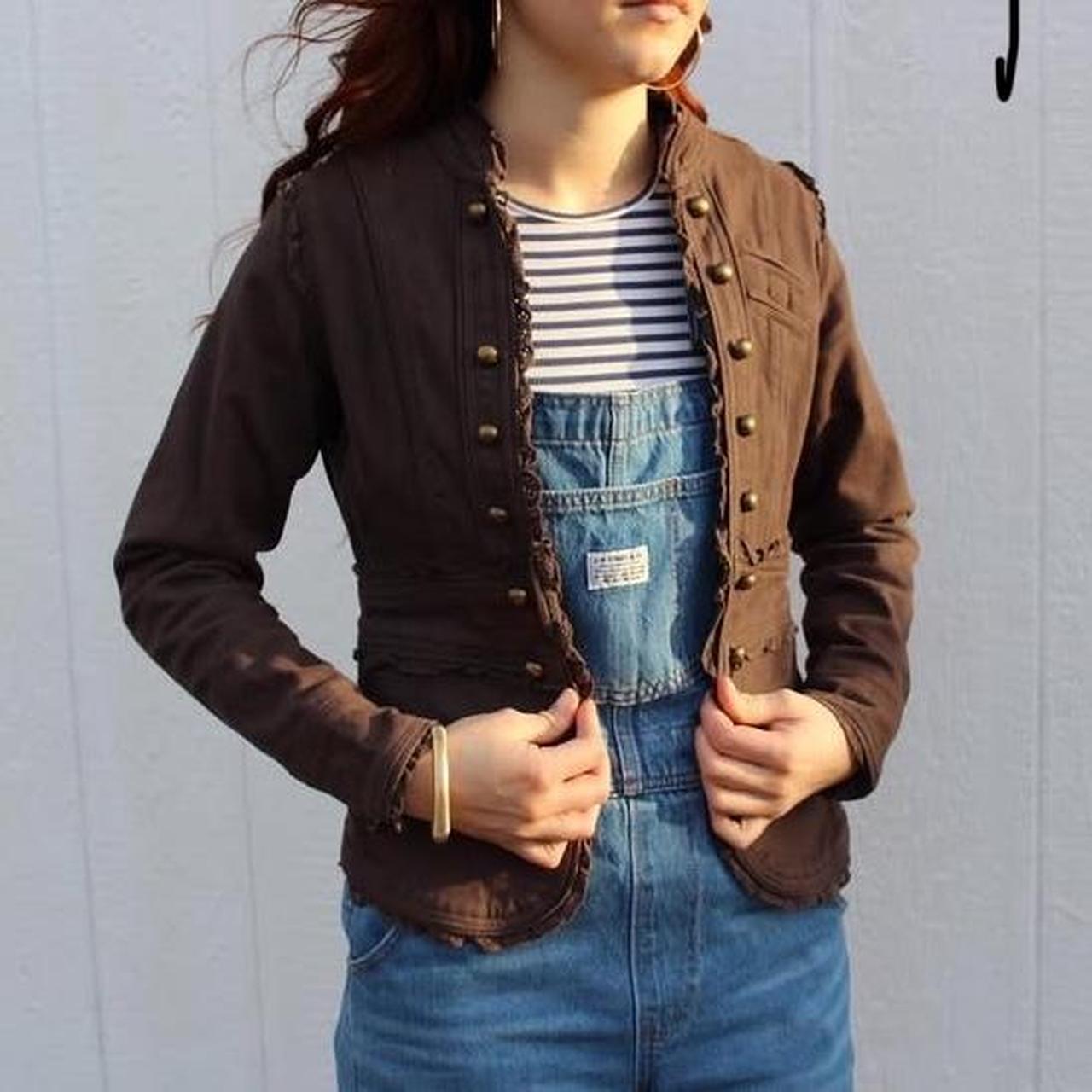 Brown military jacket with a unique, distressed look... | Depop