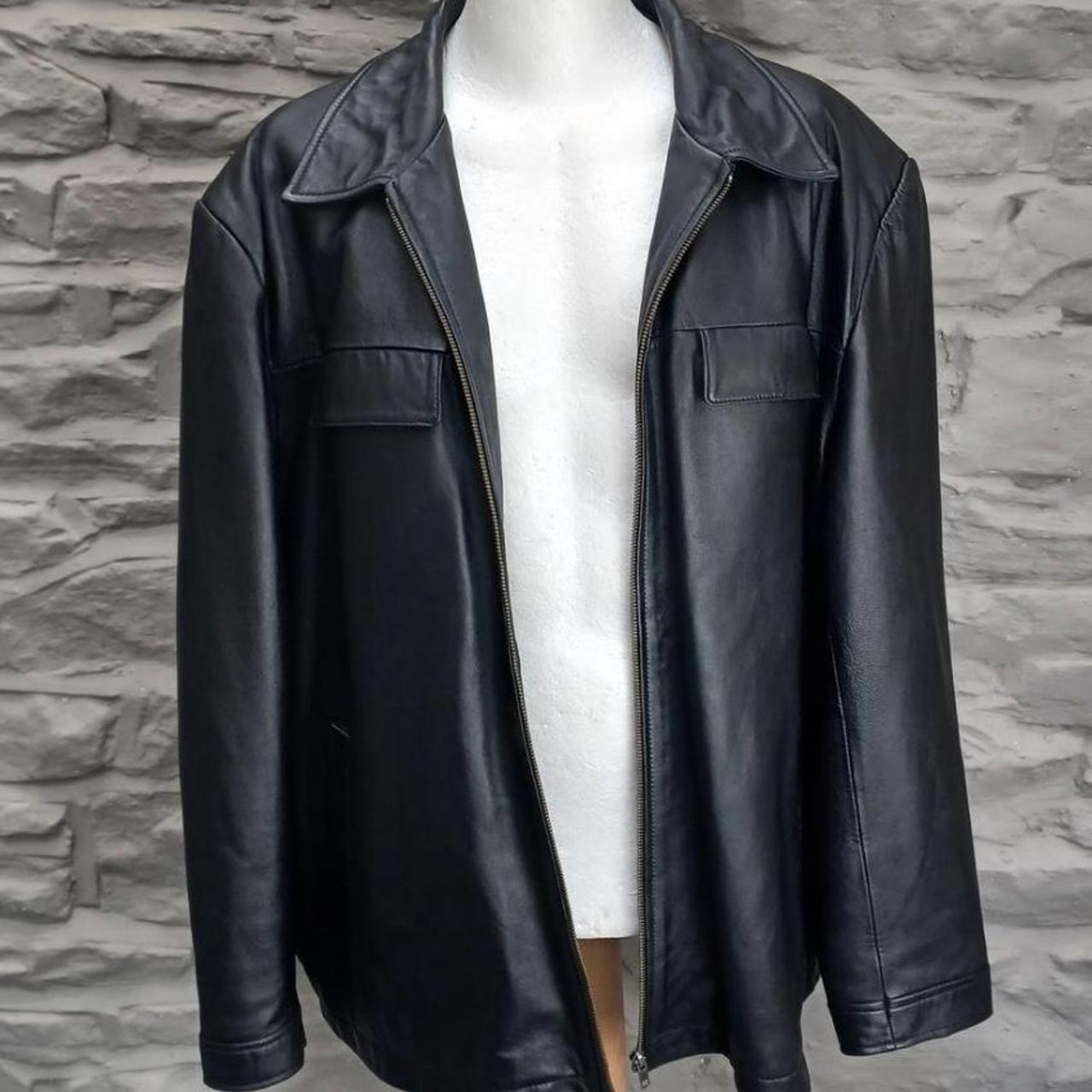 Black leather vintage jacket Thomas nash XXL - Depop