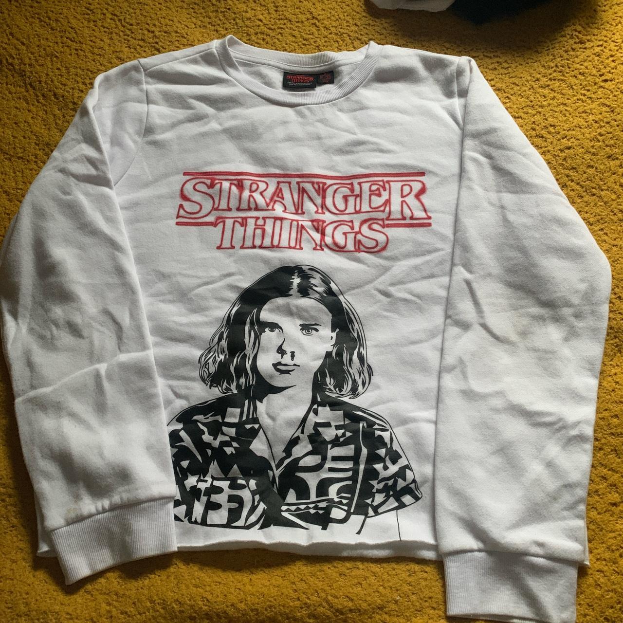 Stranger things white jersey sweatshirt jumper long... - Depop
