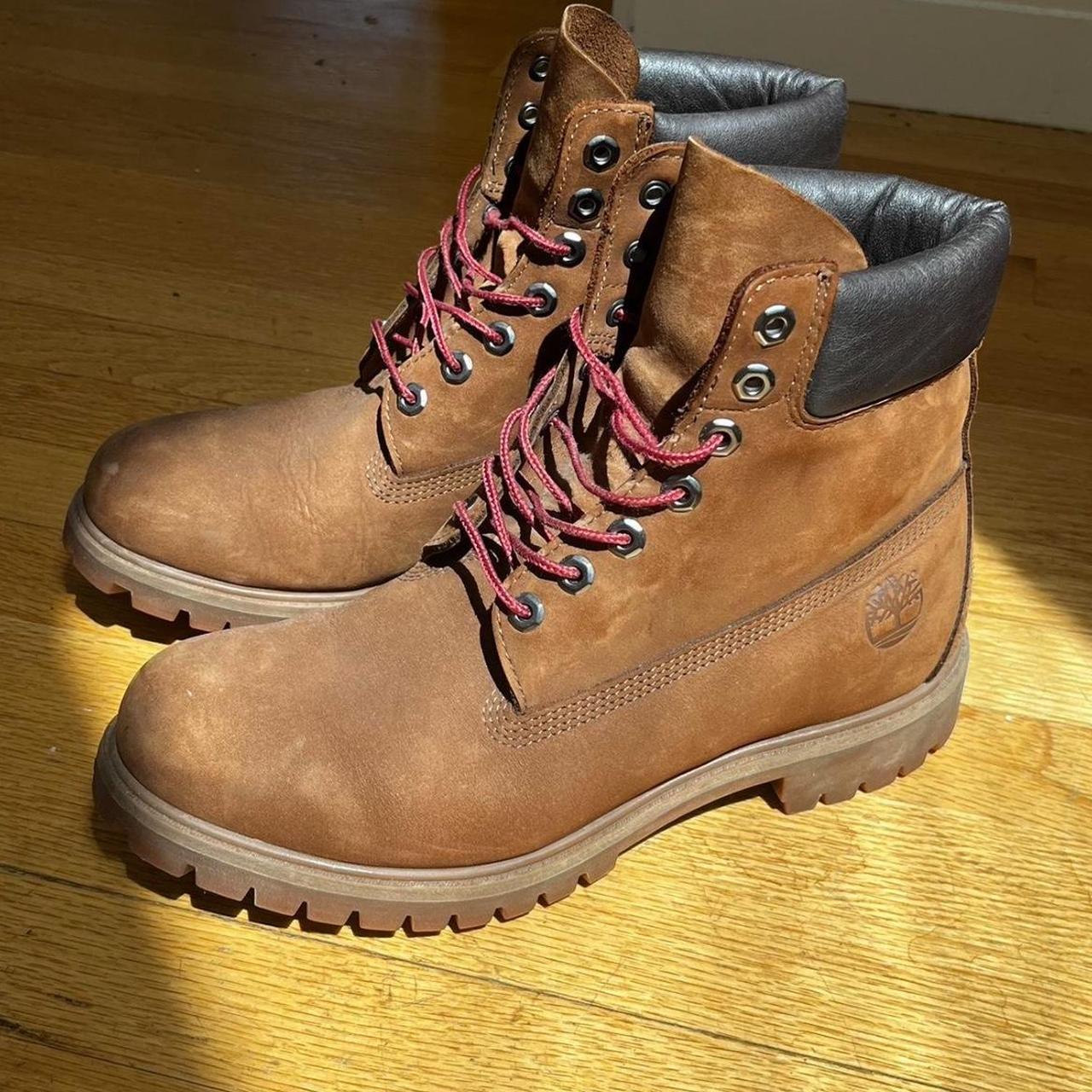 Timberlands Dark Brown with Red laces 9.5... - Depop
