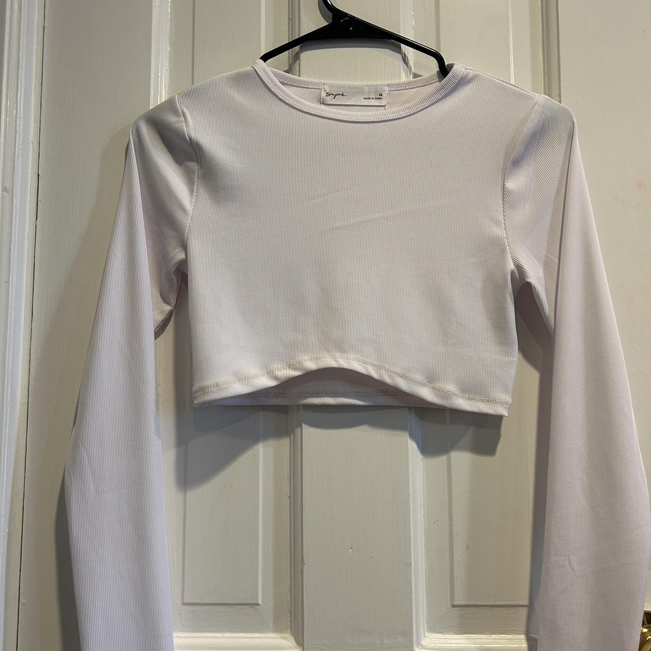 white cropped long sleeve top worn once, size extra... - Depop