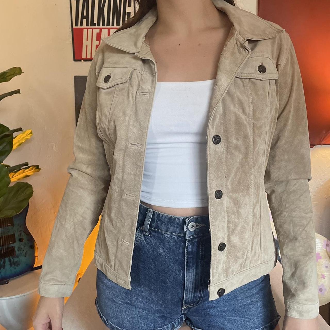 Versatile vintage suede tan button up jacket perfect... - Depop