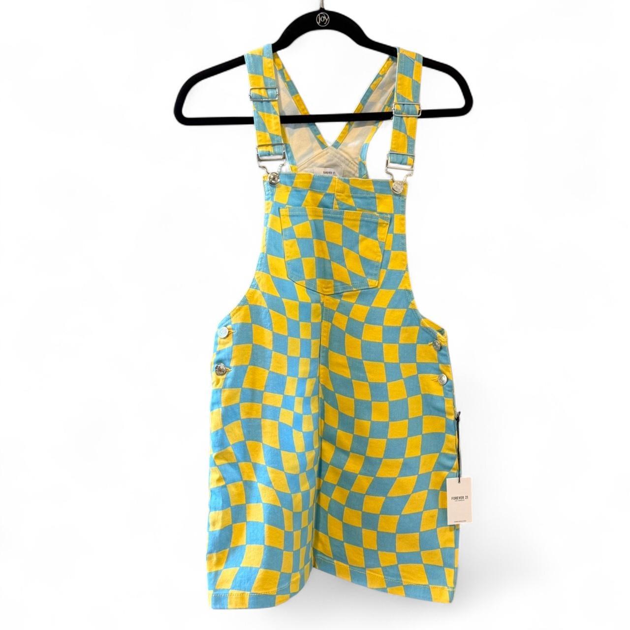Never been Worn yellow and blue checkerboard overall... | Depop