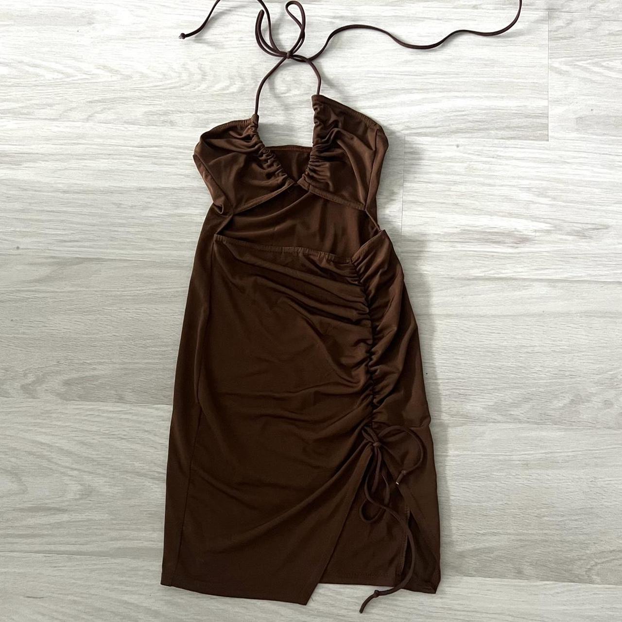 Prettylittlething brown ruched mini dress Similar to... - Depop