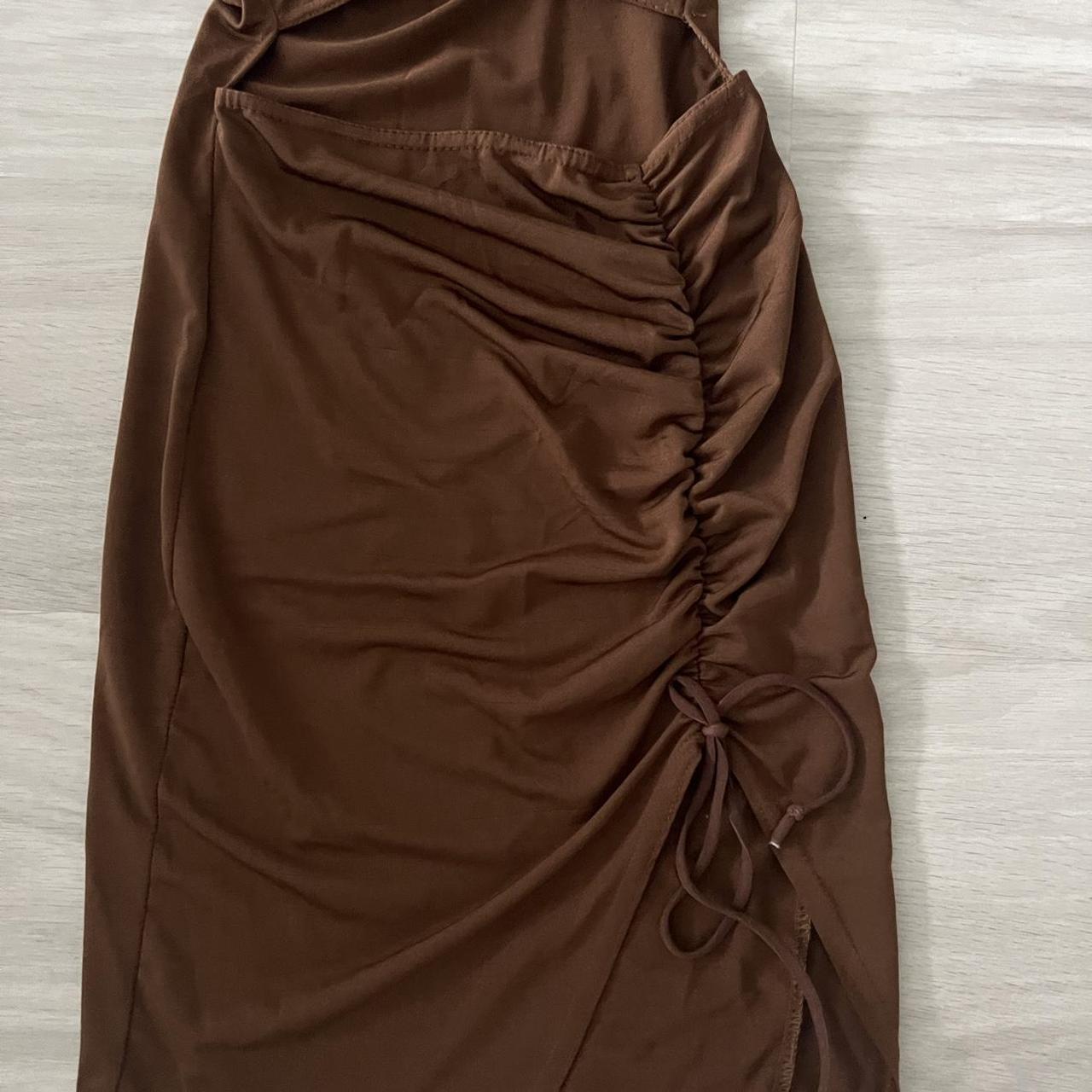 Prettylittlething brown ruched mini dress Similar to... - Depop
