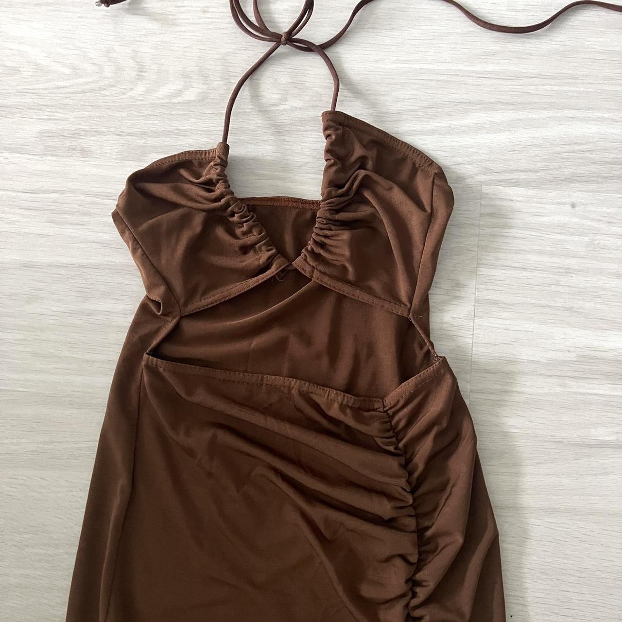 Prettylittlething brown ruched mini dress Similar to... - Depop