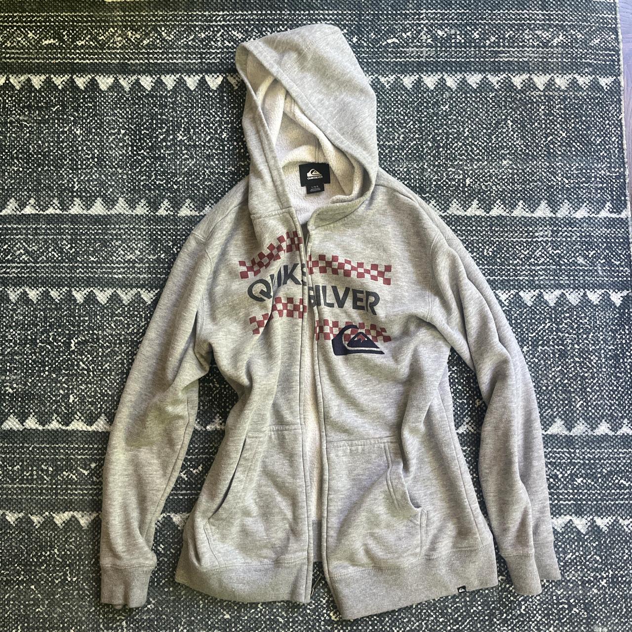 Grey hooded quicksilver jacket with logo across... - Depop