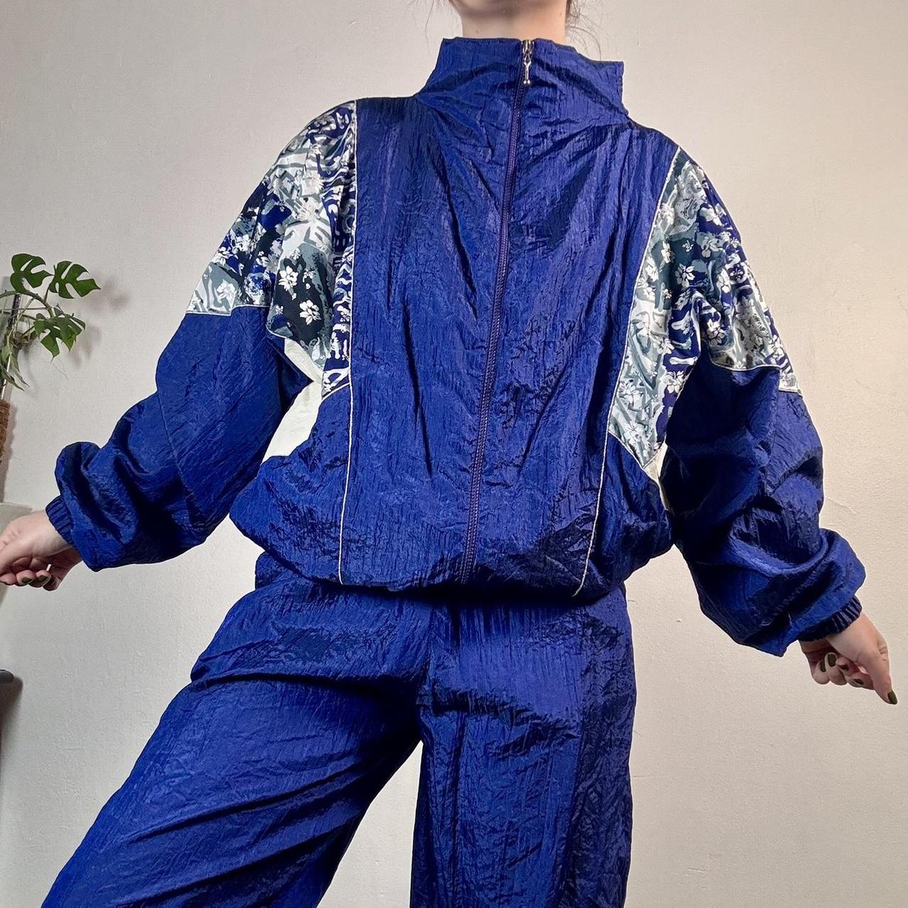 Blue and white vintage 80s tracksuit with floral... | Depop