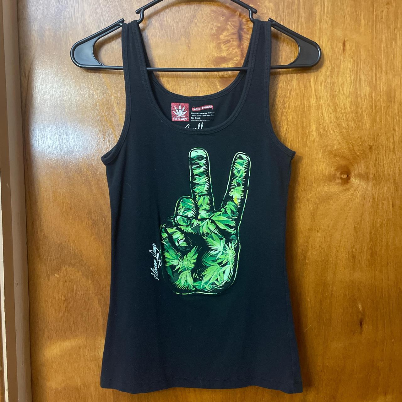 Green and black marijuana leaf peace sign tank top... - Depop