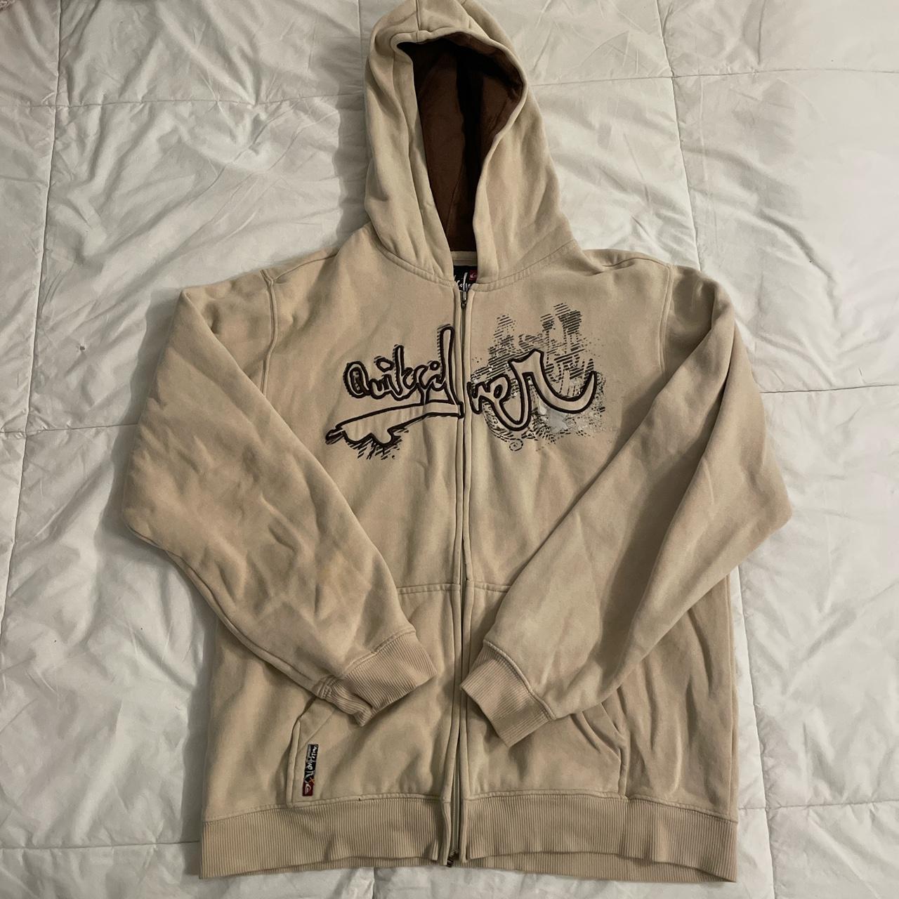 quicksilver cream brown zipper hoodie/sweater BOYS... - Depop
