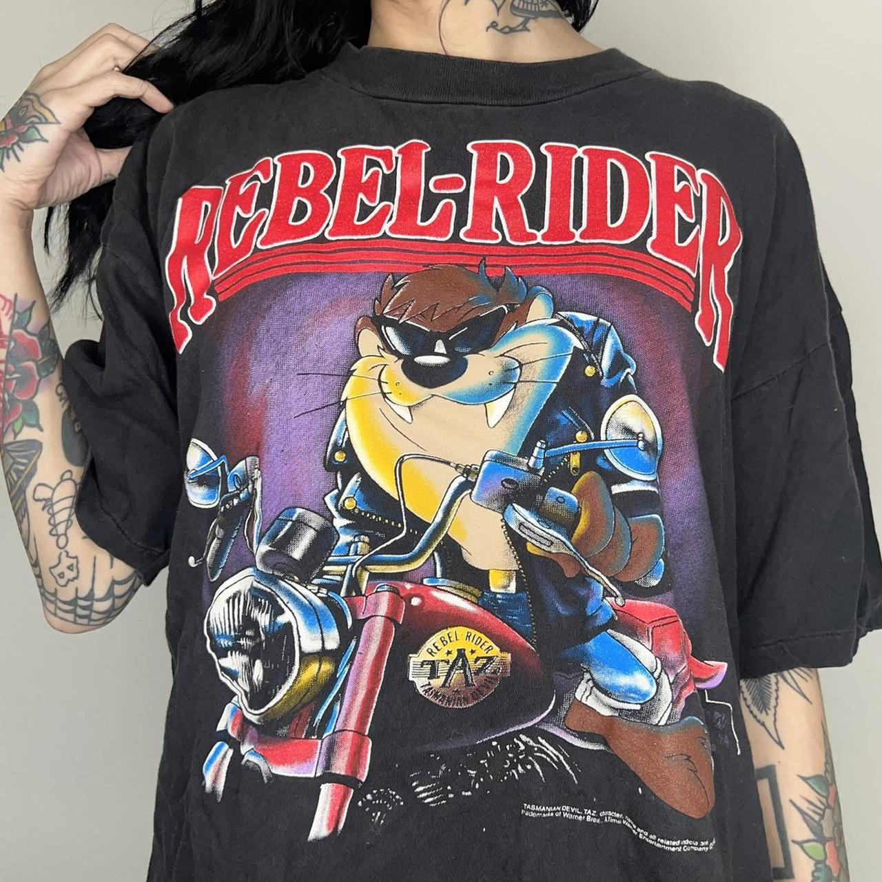 ⚡️1992 Rebel Rider Taz Biker tee⚡️ Size XL black 100%... | Depop
