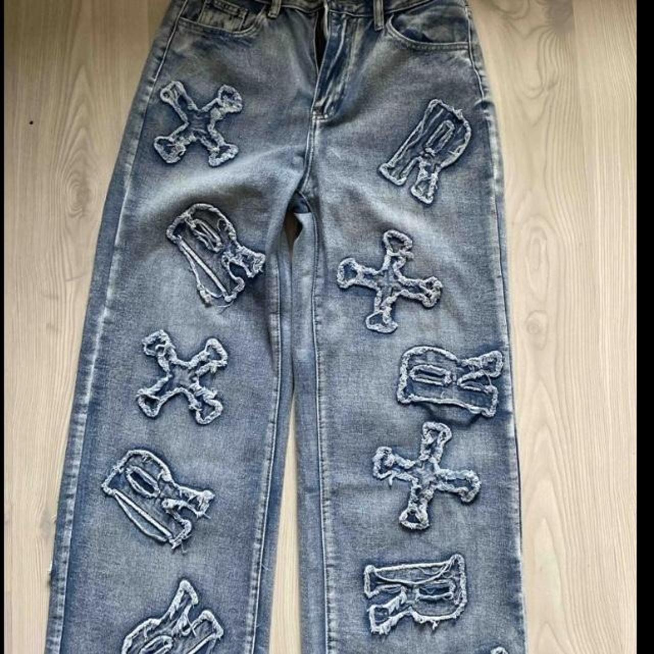 Letter pattern distressed wide leg jeans - Depop