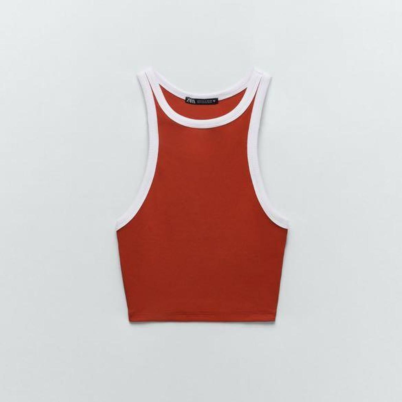 Zara red racer back tank with white pipping. Size L... - Depop