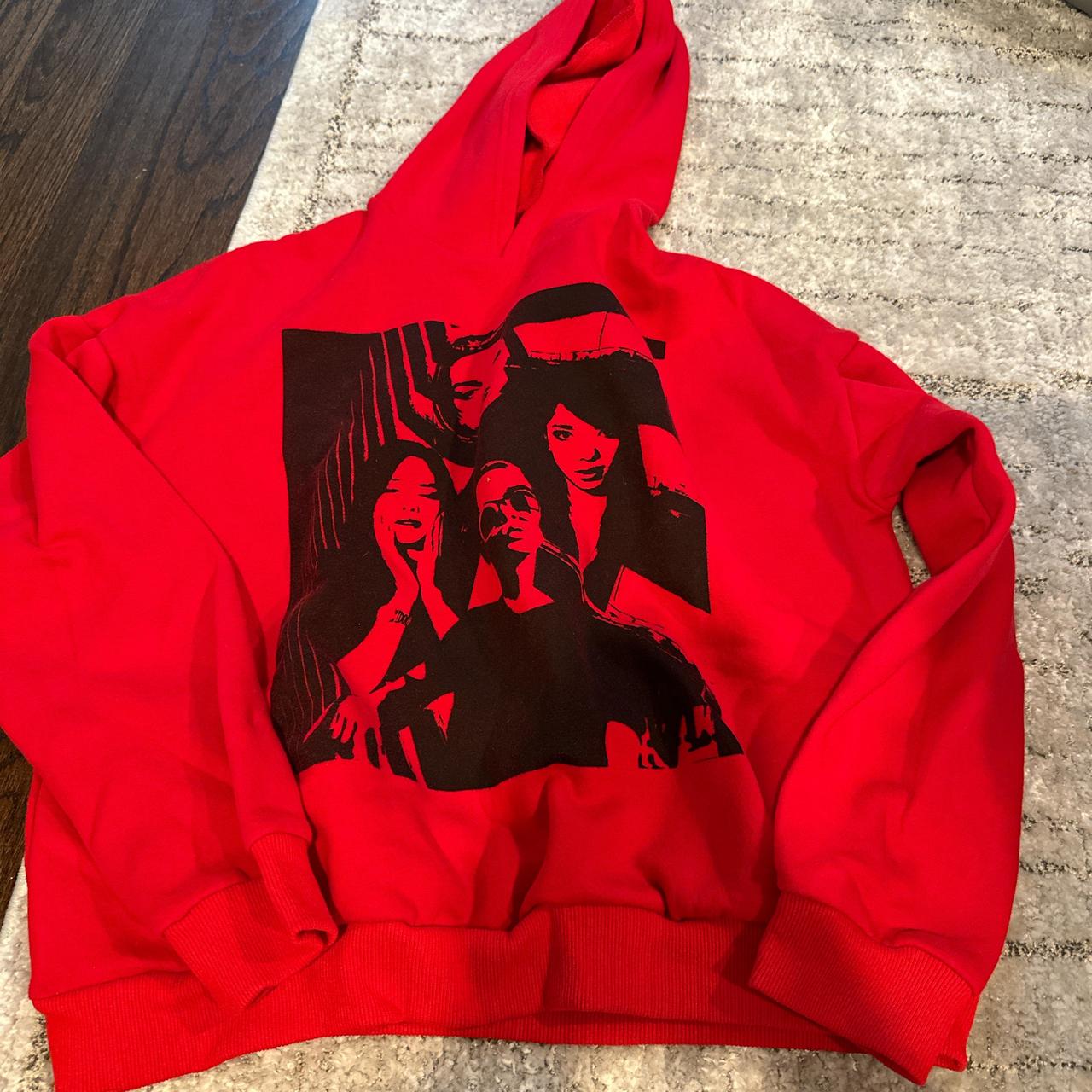 Edikted red graphic hoodie size small but still... - Depop