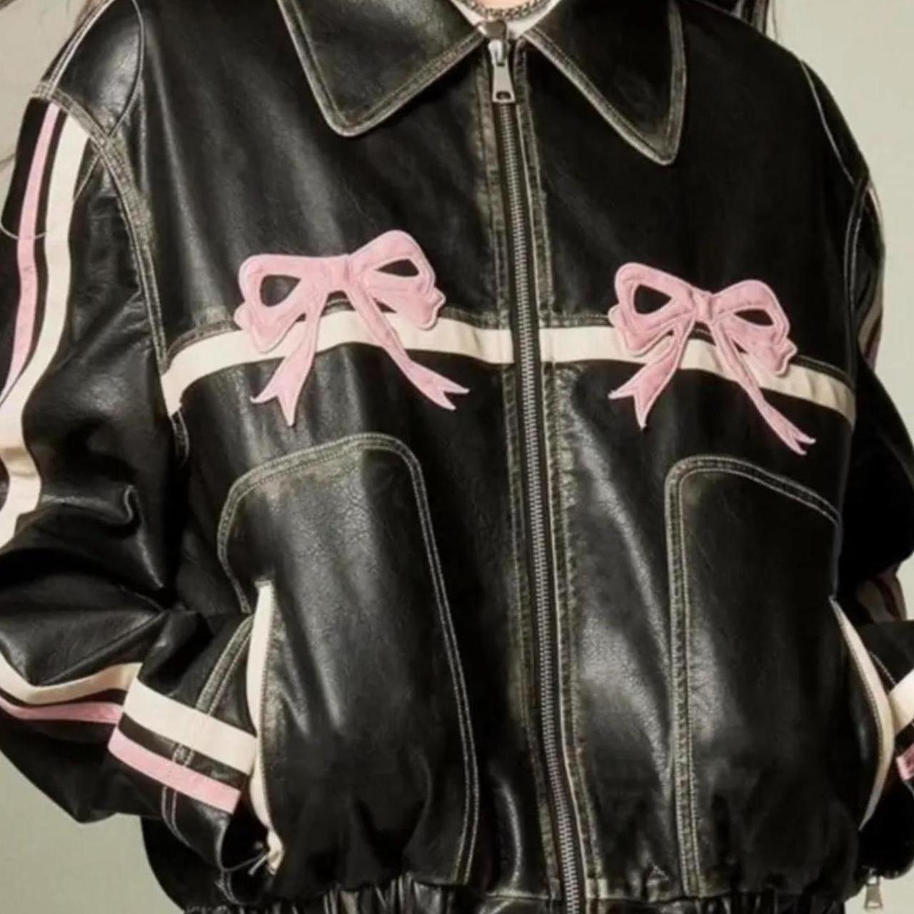 bow leather jacket, in great condition... - Depop