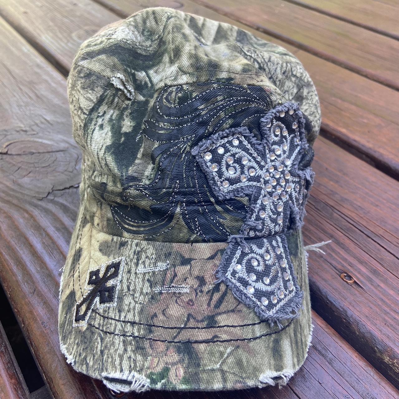 Green and brown Camo y2k cap w bedazzled cross... - Depop