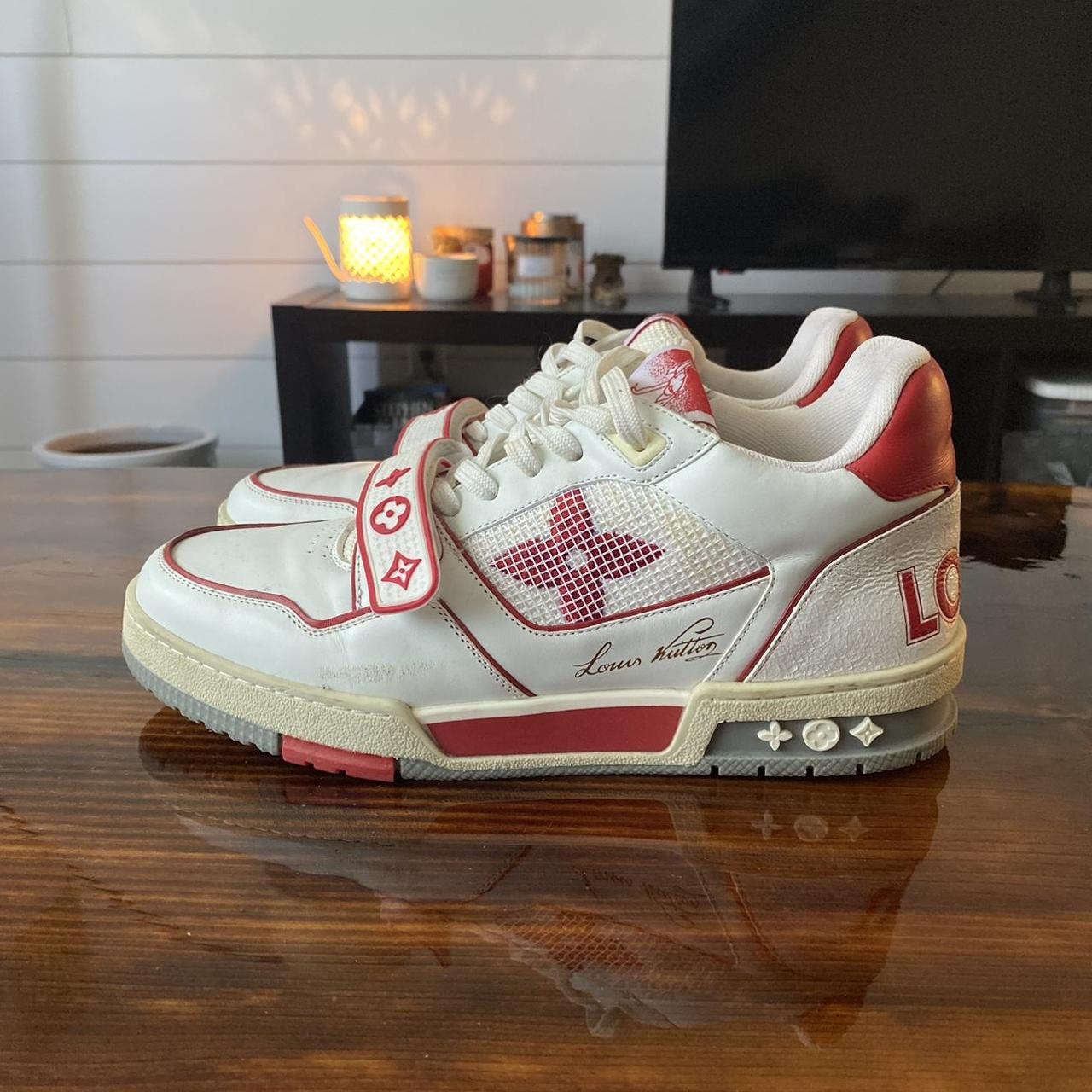 Louis Vuitton Men's White and Red Trainers | Depop