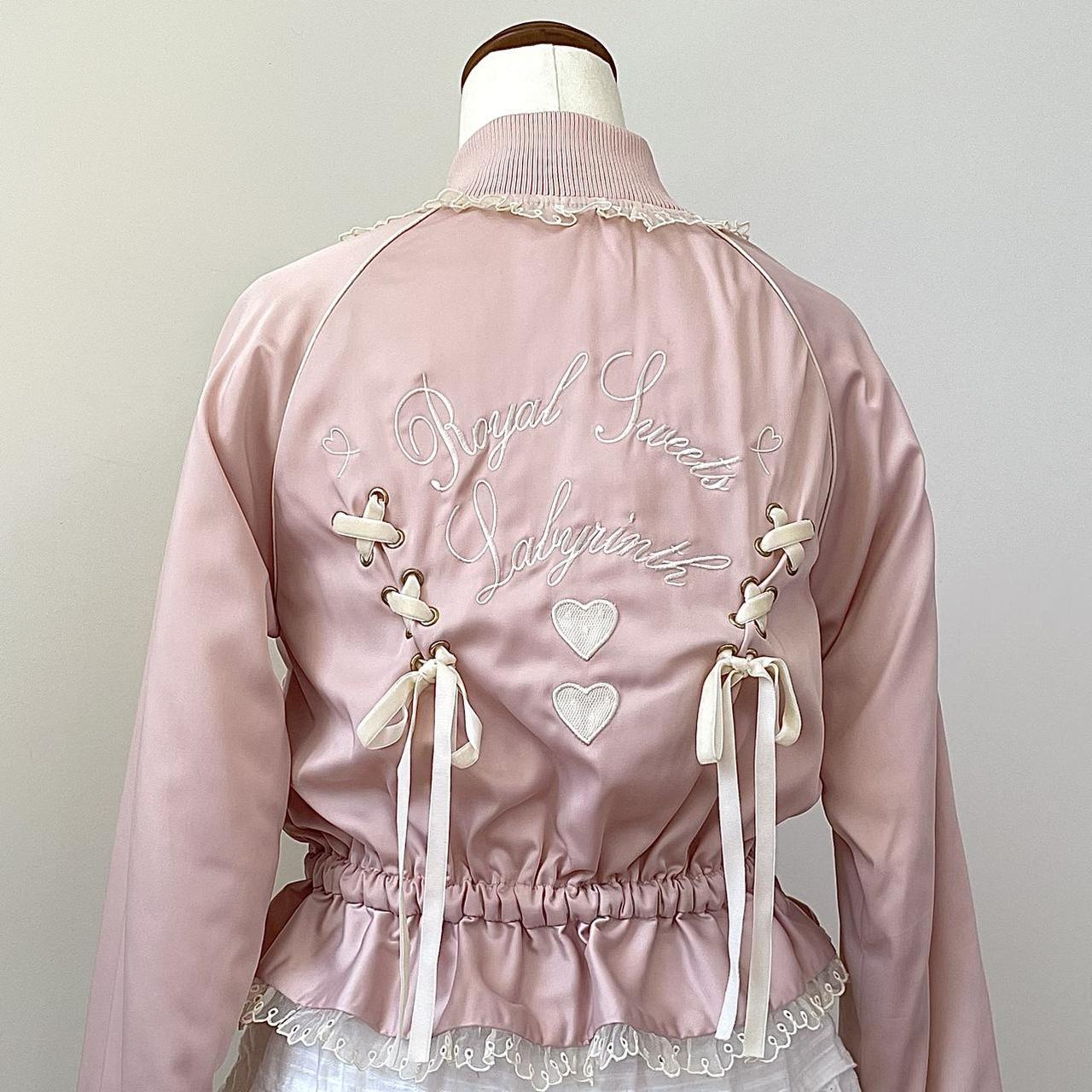 Pink and White Lace Ruffle Ribbon Bomber... - Depop