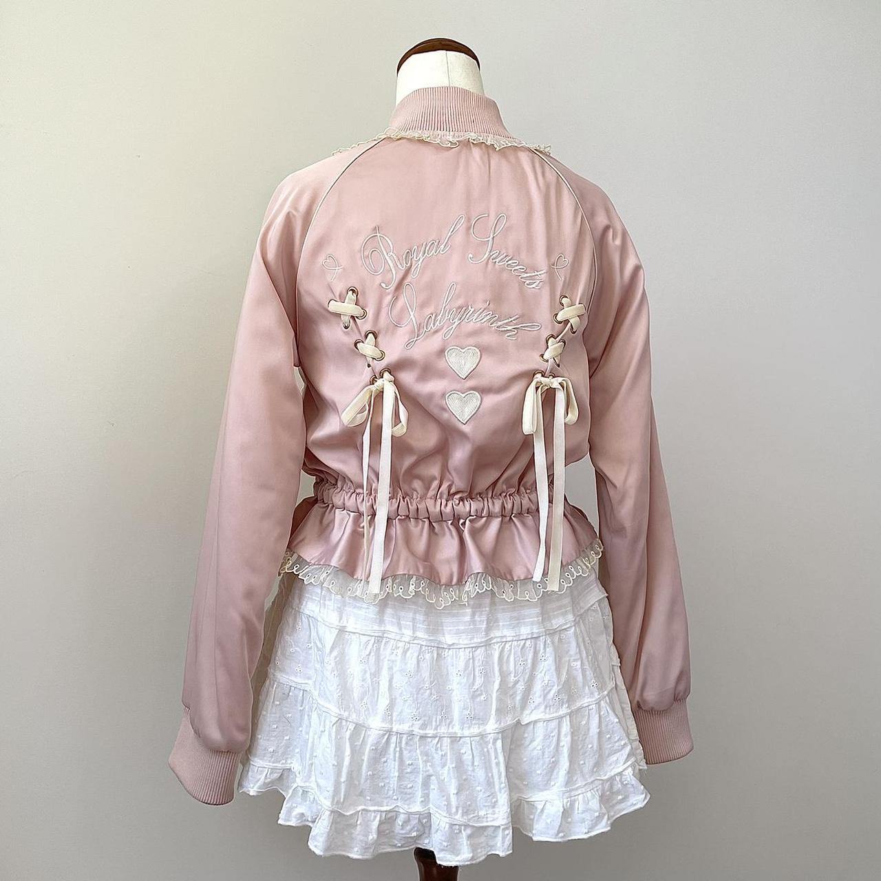 Pink and White Lace Ruffle Ribbon Bomber... - Depop