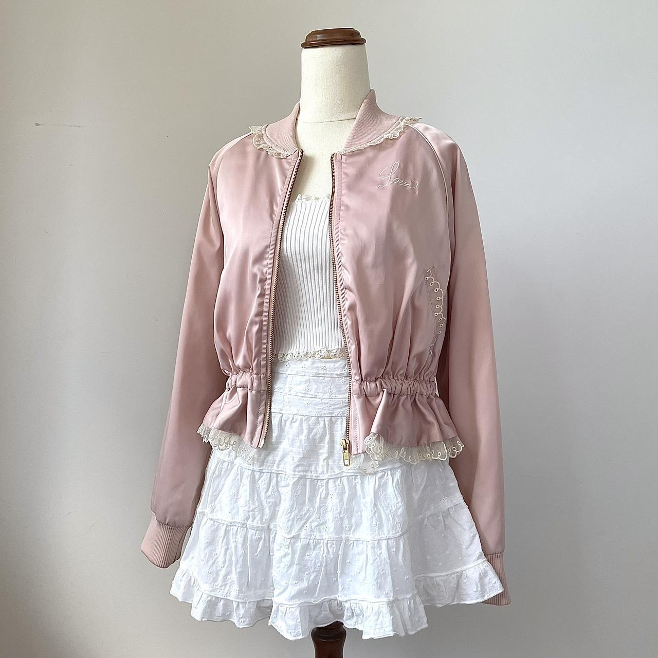 Pink and White Lace Ruffle Ribbon Bomber... - Depop
