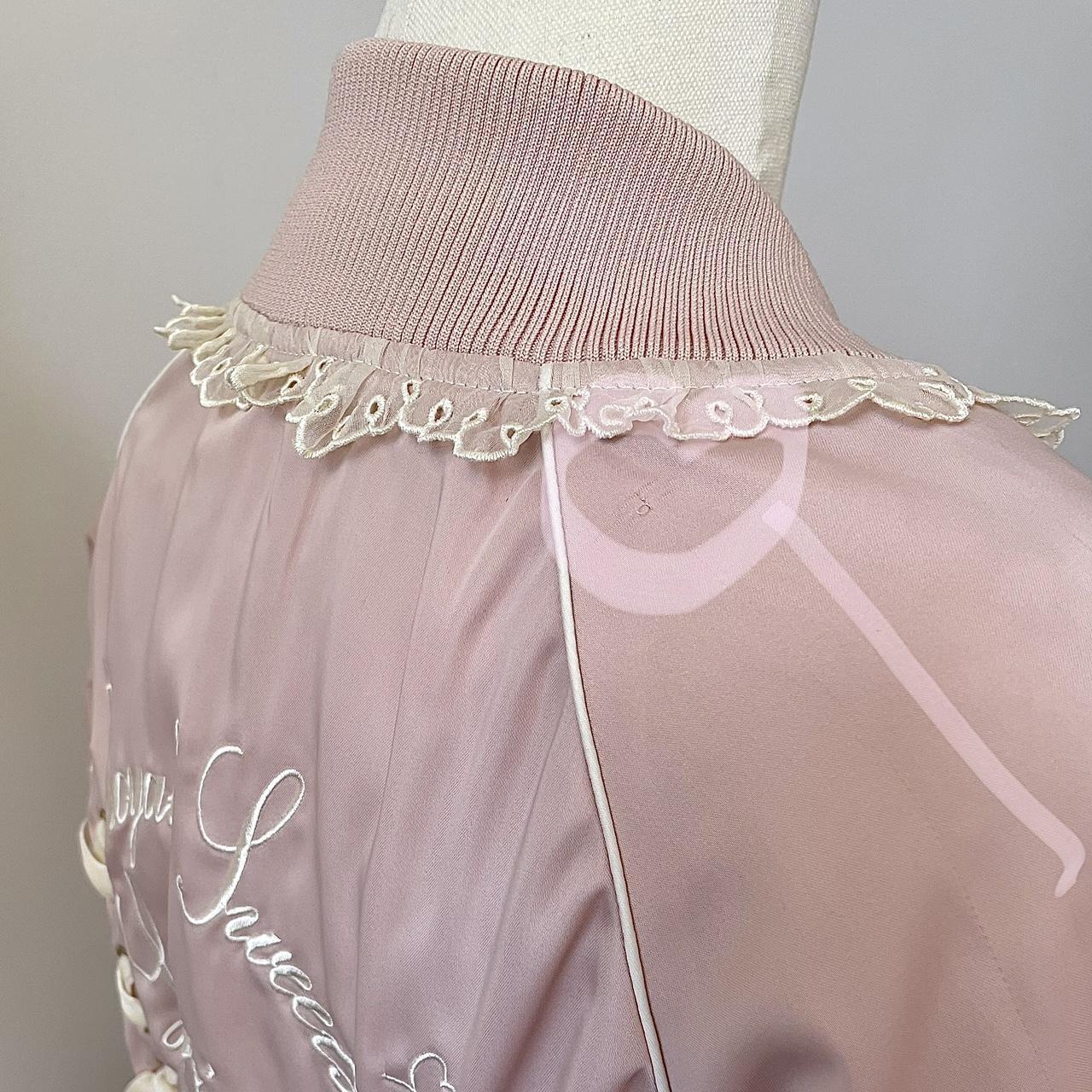 Pink and White Lace Ruffle Ribbon Bomber... - Depop