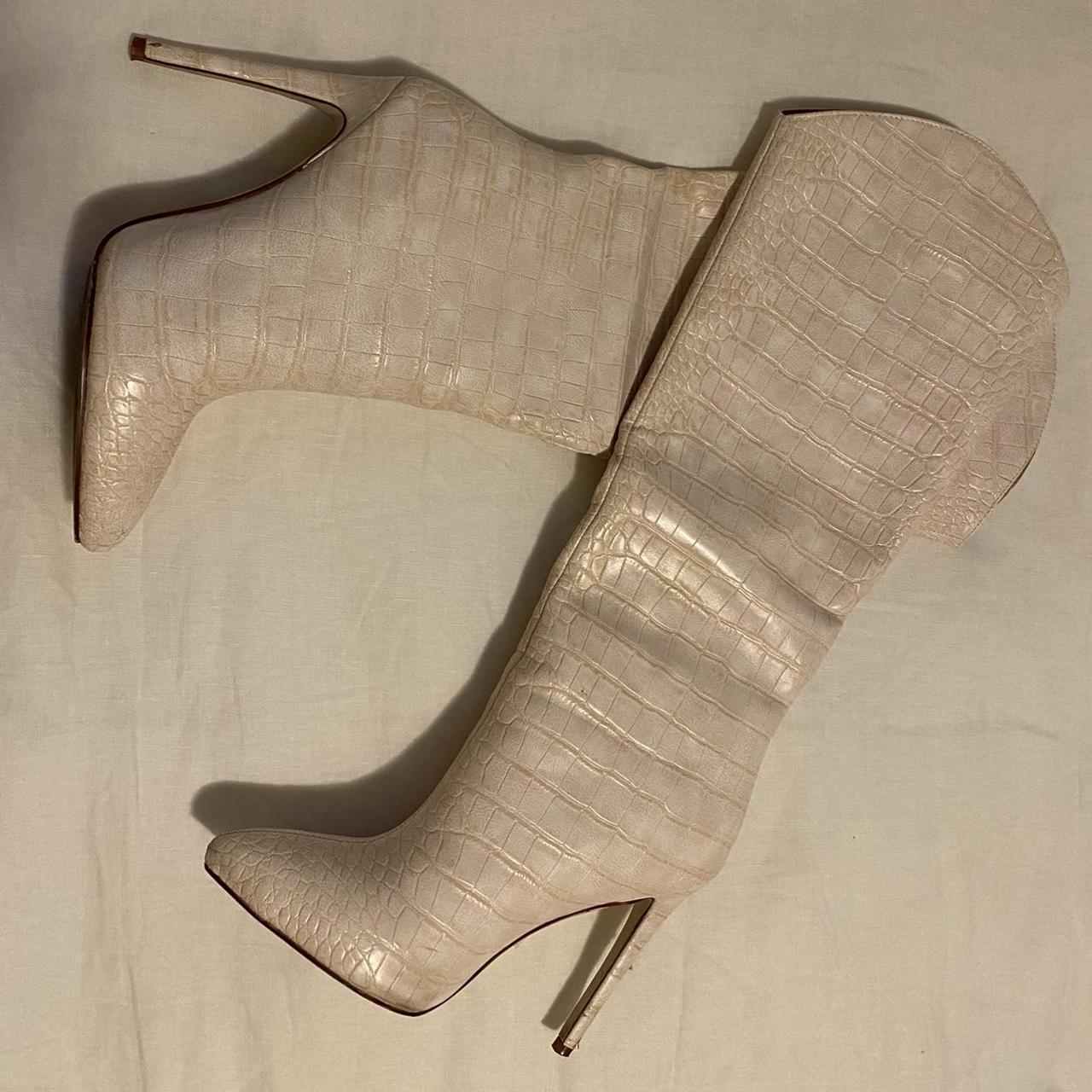 Cream crocodile print pointed heel boot Azalea Wang - Depop