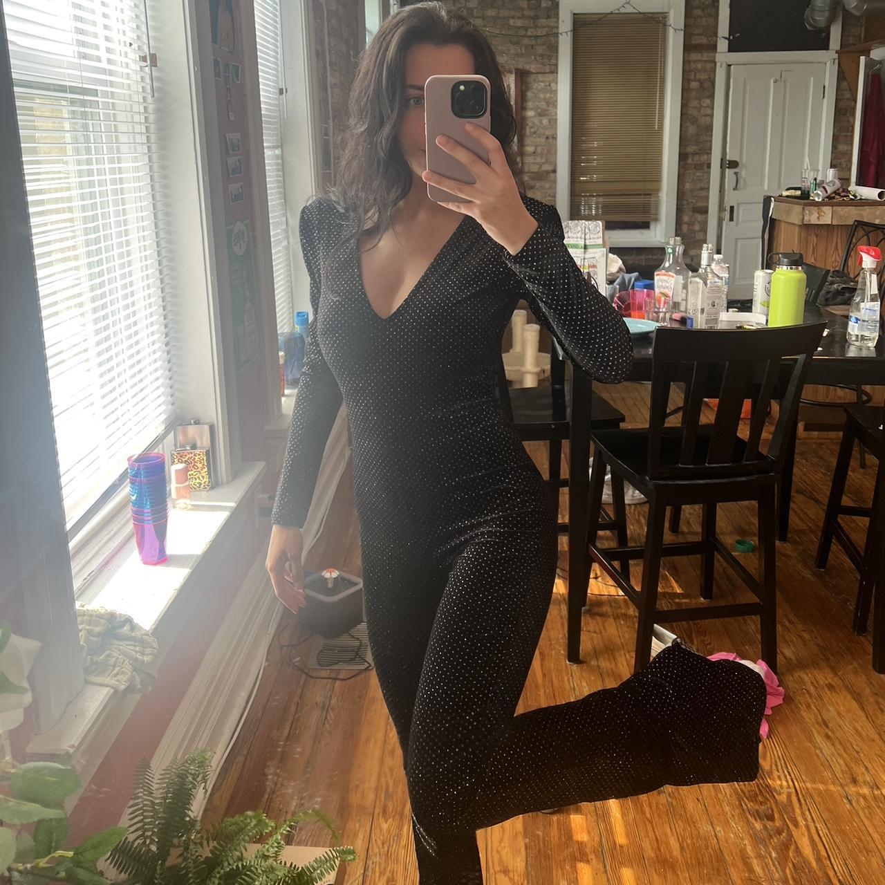 adika rhinestone covered body suit w flare legs!... - Depop