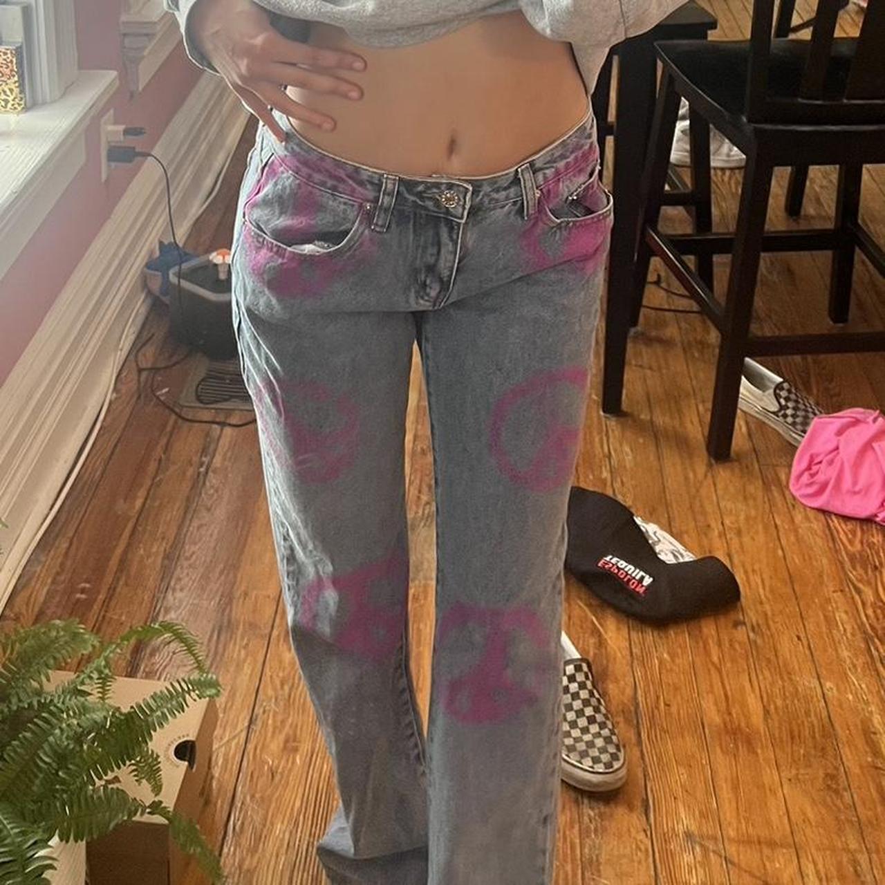 peace sign spray paint jeans by adika! low waisted... - Depop