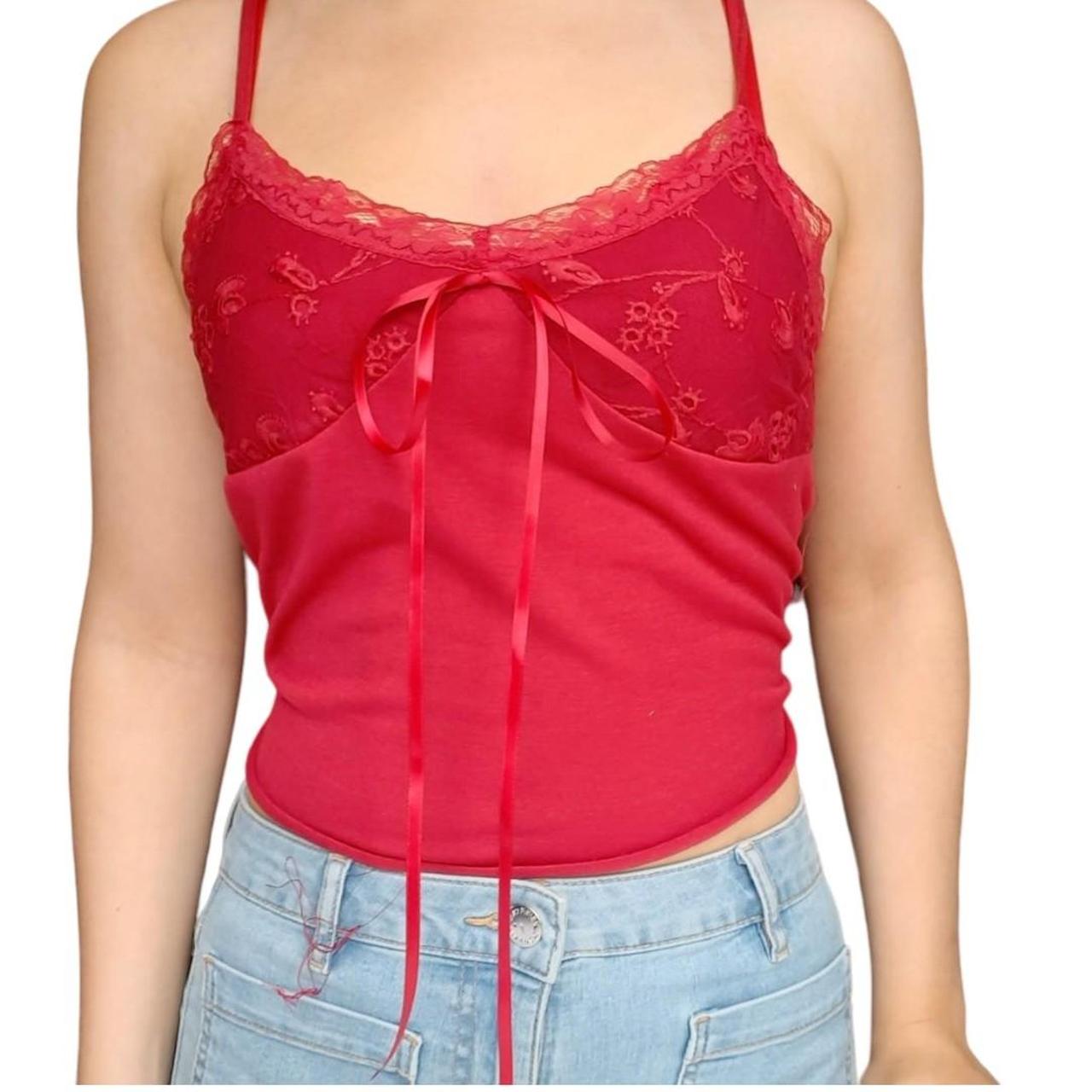 Red lace cami with bow detail Adjustable... - Depop