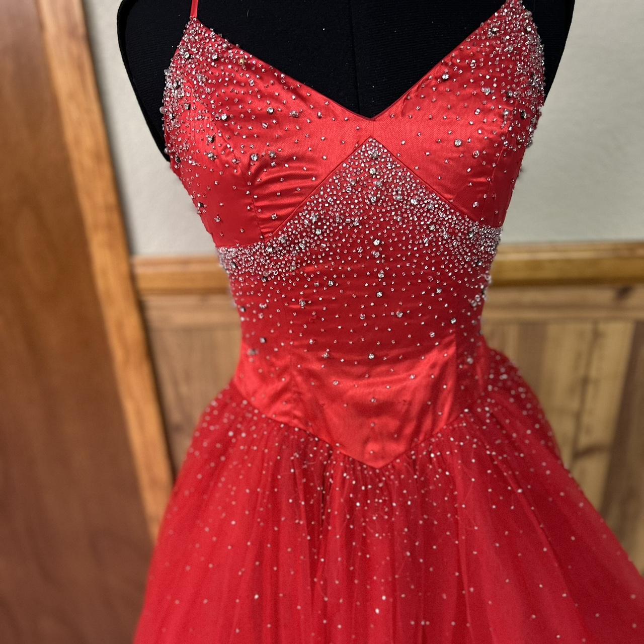-Royal Red ball gown with silver rhinestone beading... | Depop