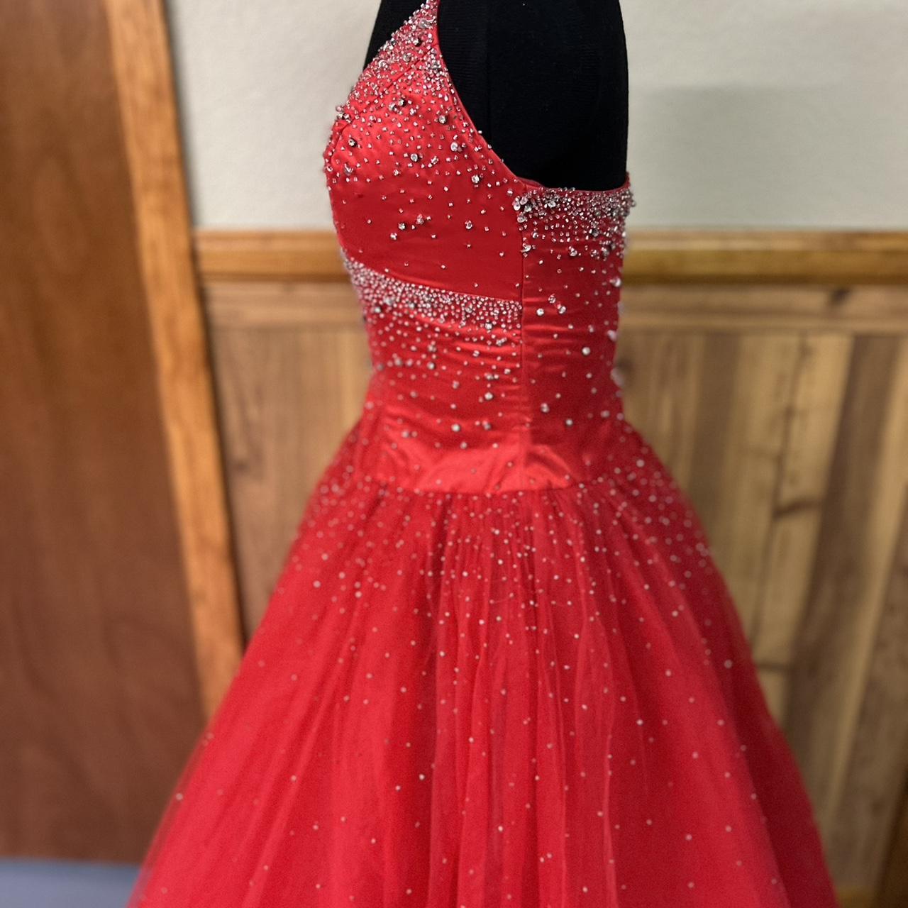 -Royal Red ball gown with silver rhinestone beading... | Depop