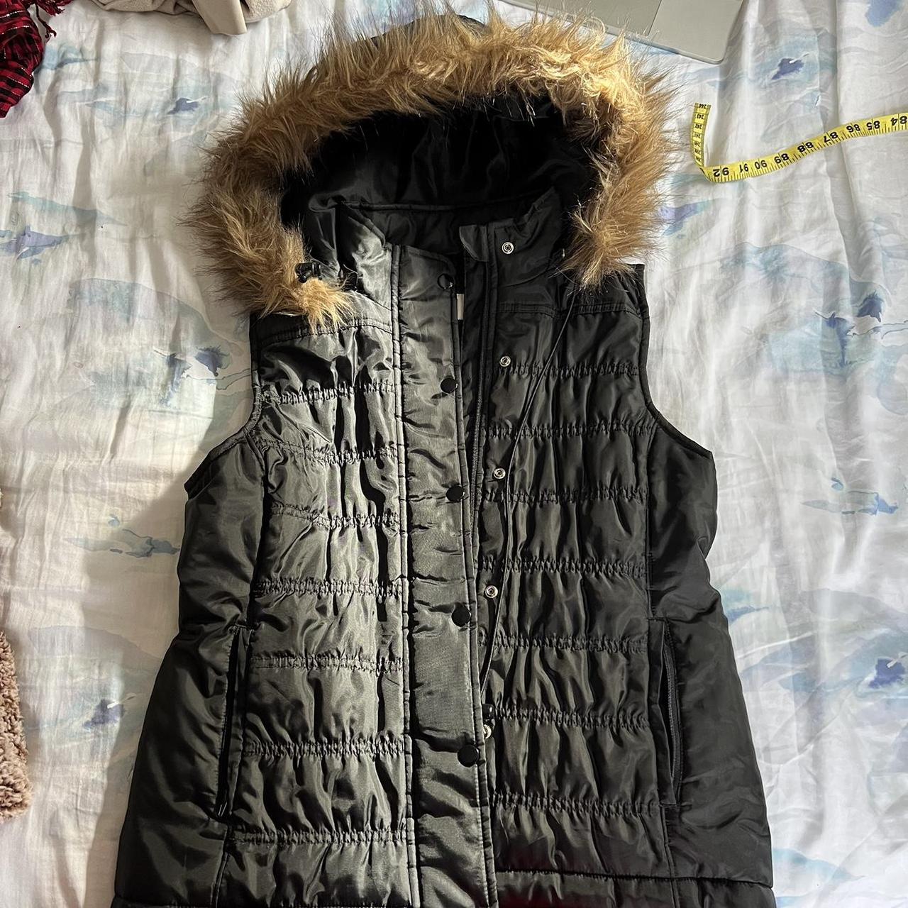 black puffy vest with fur hood super warm and... - Depop