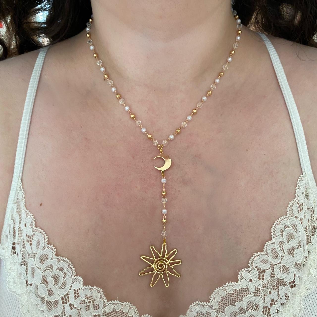 golden sun & moon child rosary necklace with... - Depop