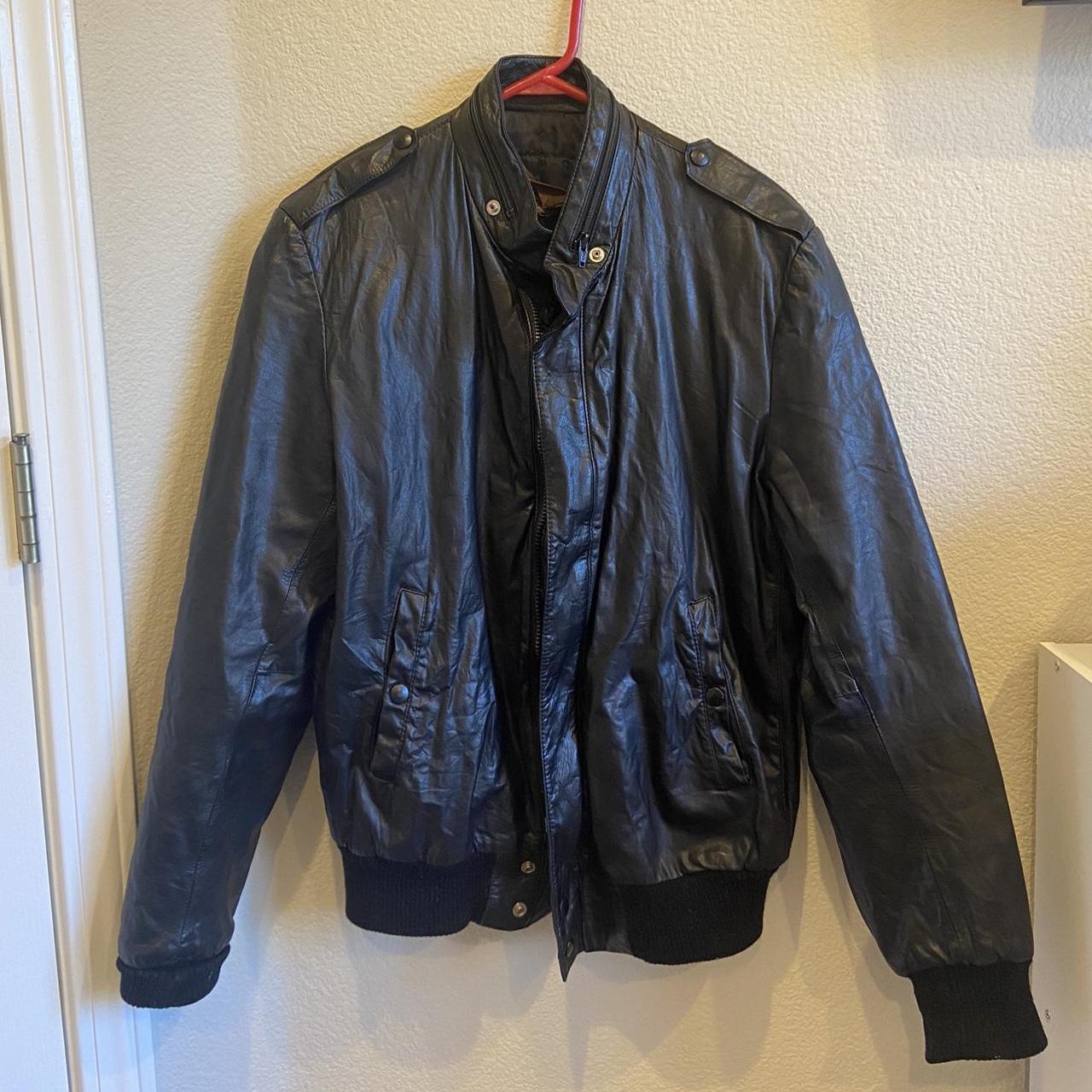 black faux leather bomber jacket tag is worn off... - Depop