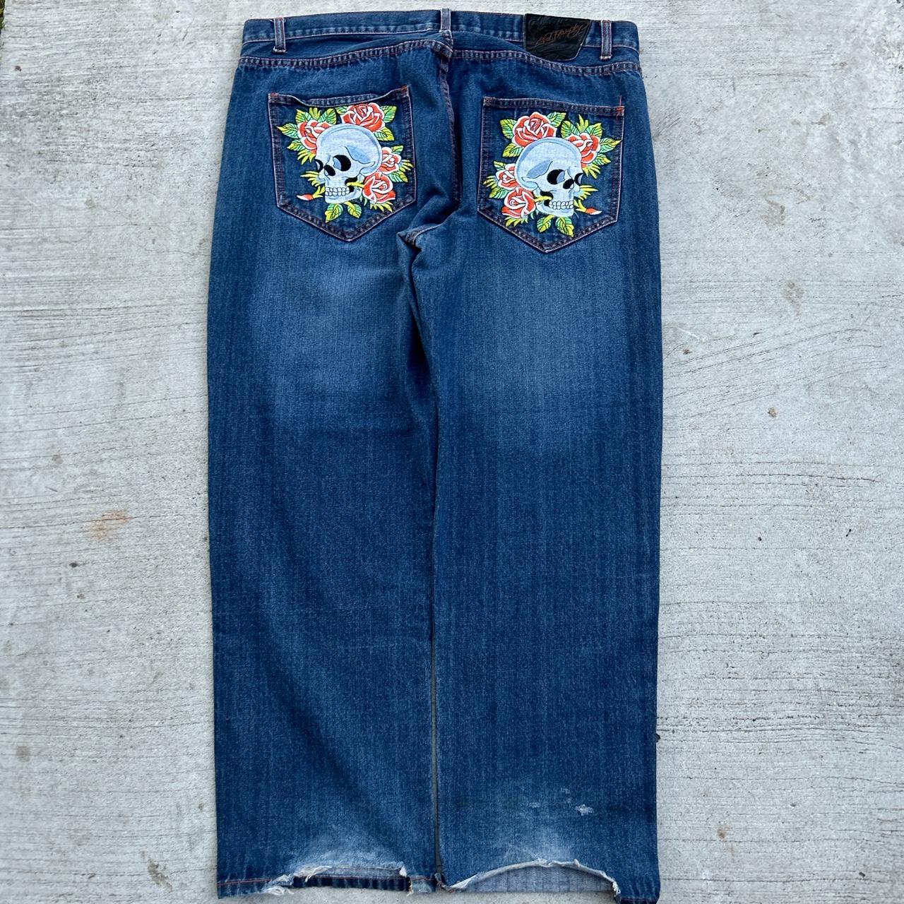 Y2K Ed Hardy big embroidered double patch denim... - Depop
