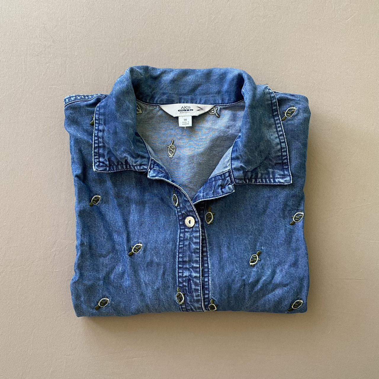 Vintage Denim Turtle Embroidery Camp Collar -... - Depop