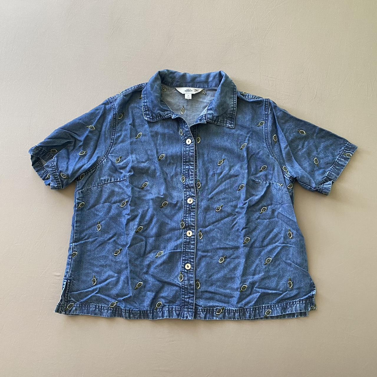 Vintage Denim Turtle Embroidery Camp Collar -... - Depop