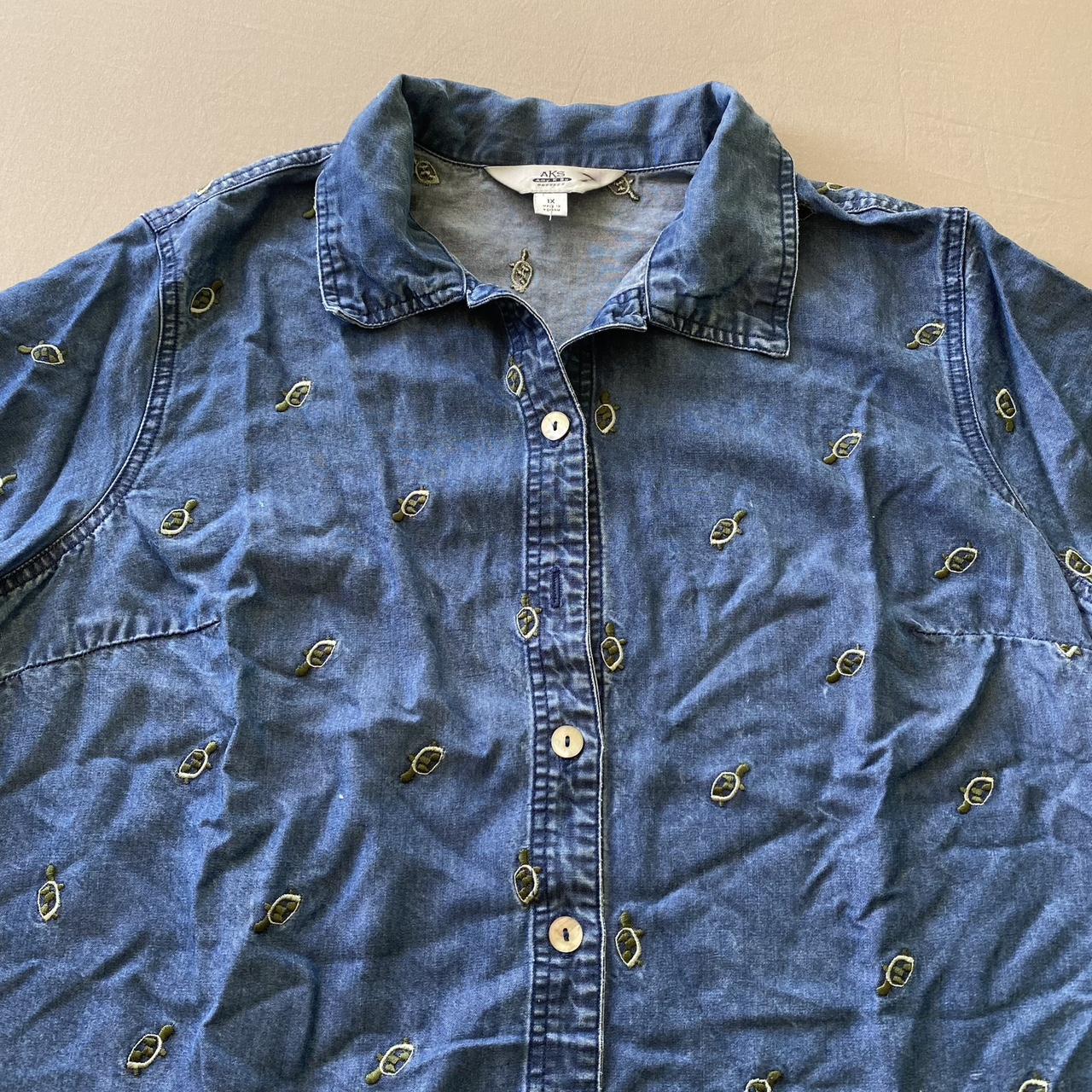 Vintage Denim Turtle Embroidery Camp Collar -... - Depop