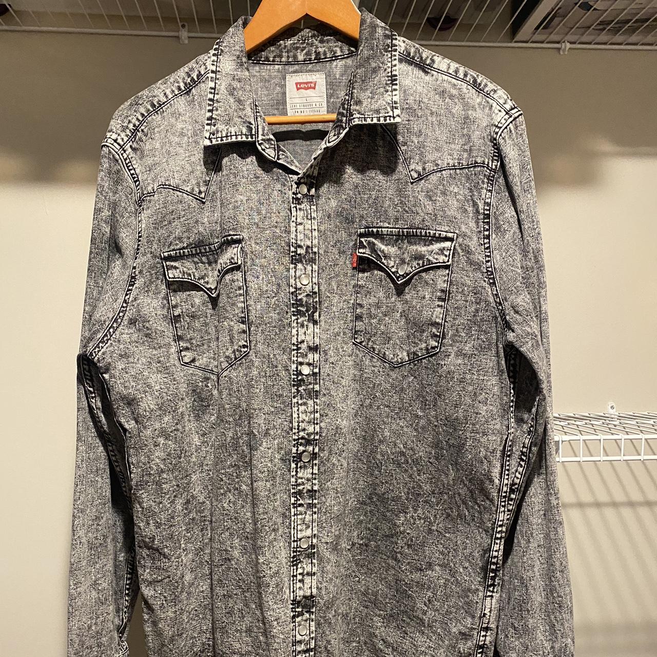 Retro Levi’s Black Acid Wash Pearl Snap Denim Shirt... - Depop